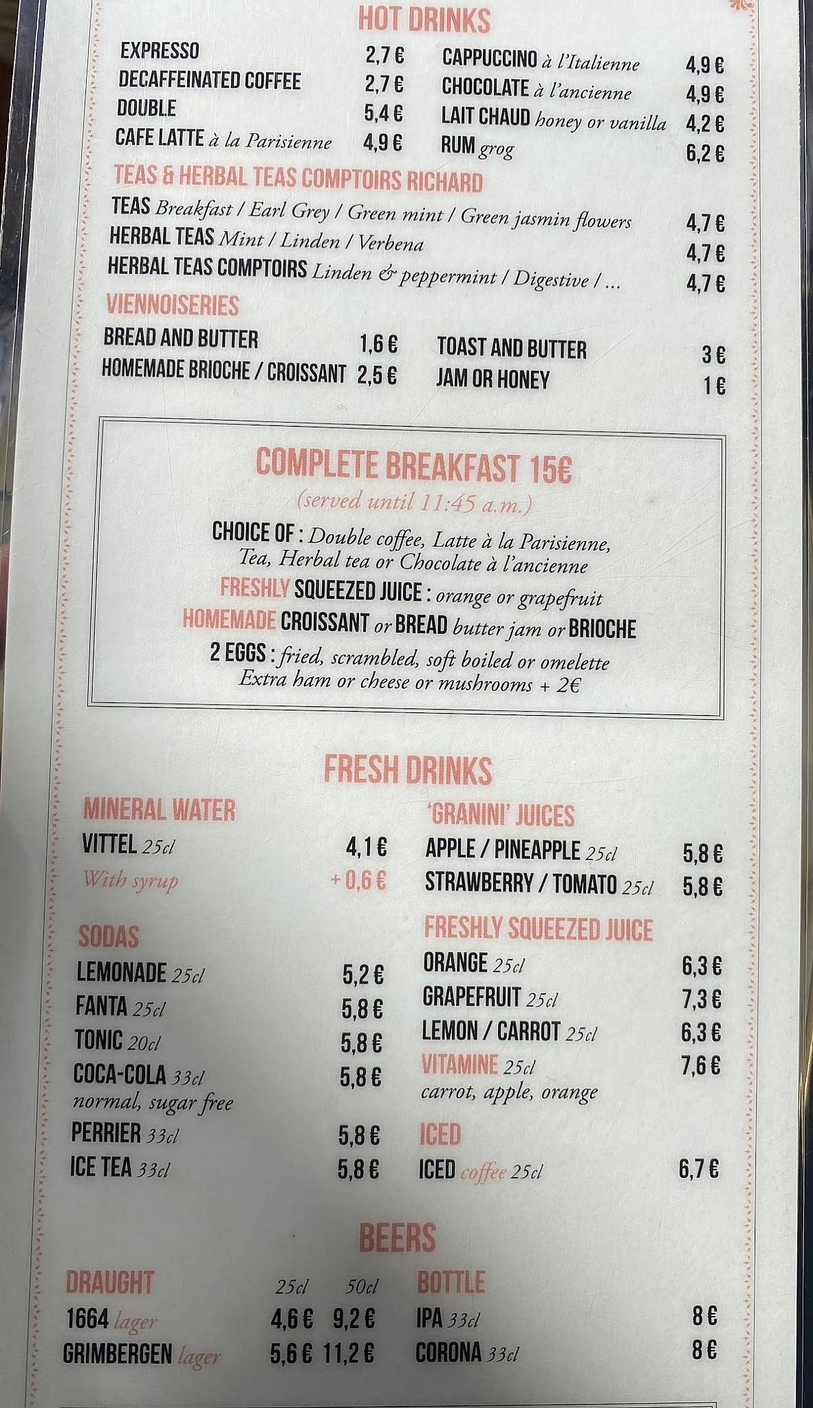 Menu at Le Petit Cler restaurant, Paris, 29 Rue Cler