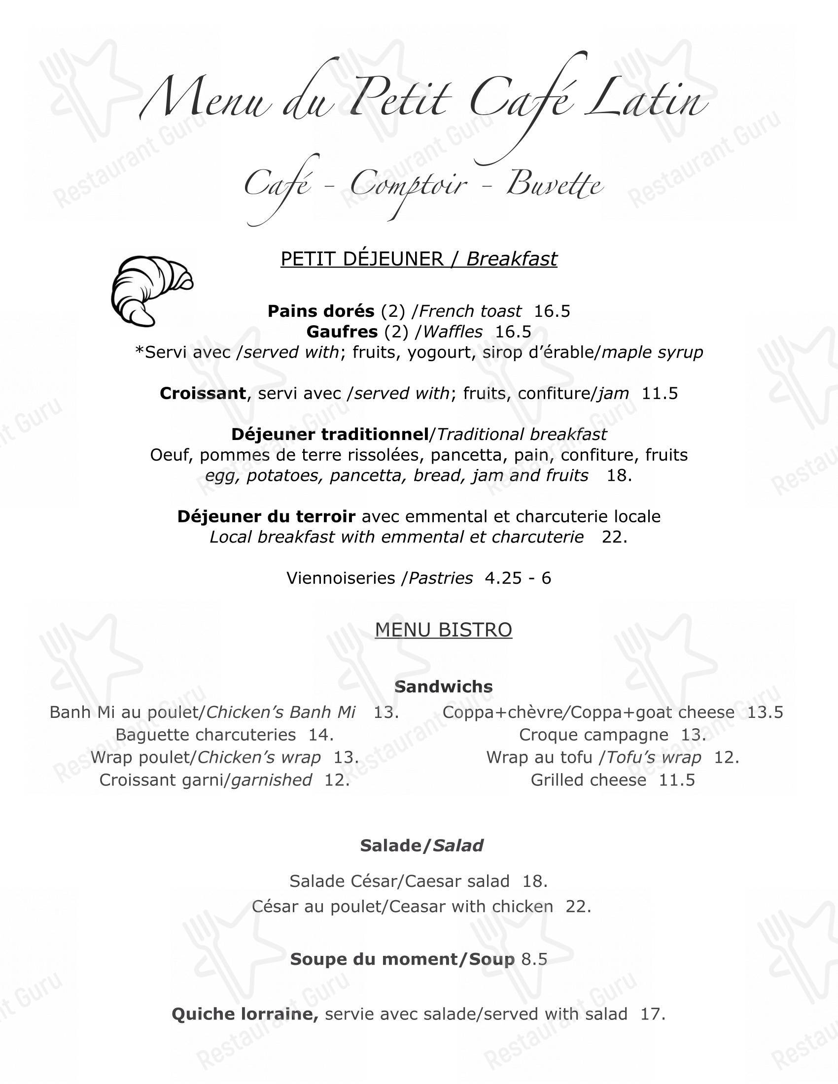 Menu au Le Petit Café Latin, Québec
