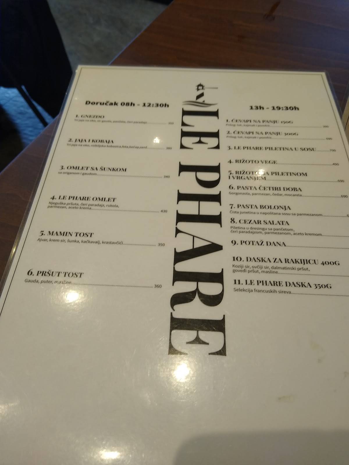 Menu at Le Phare Gastro Bar & Cafe, Belgrade