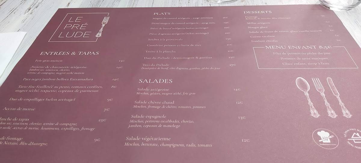 Menu au Le Prélude pub et bar, Mirepoix