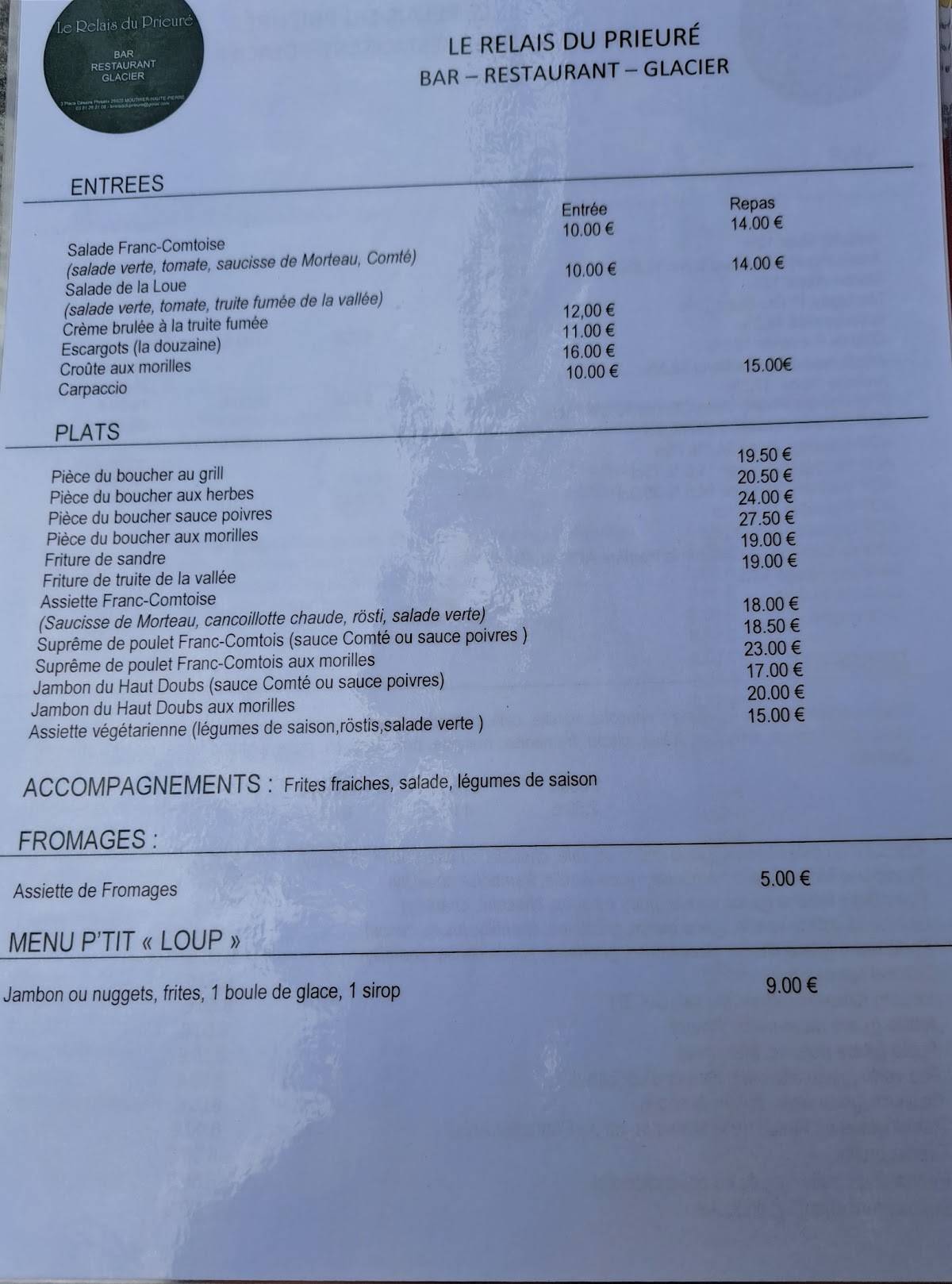 Menu au Le Relais Du Prieuré restaurant, Mouthier-Haute-Pierre, 3 Place ...