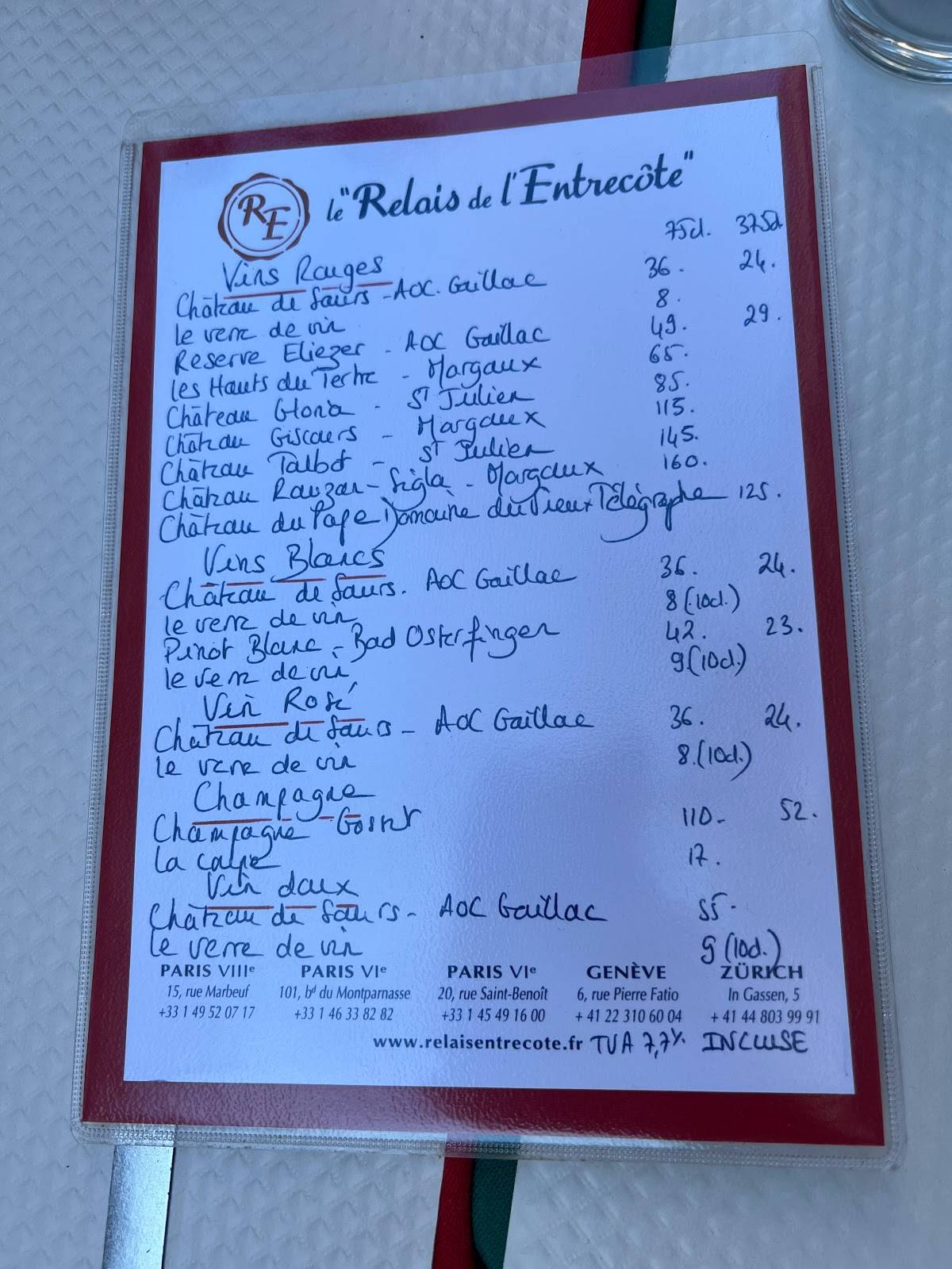 Speisekarte von Le Relais de l'Entrecote Zürich, Zürich