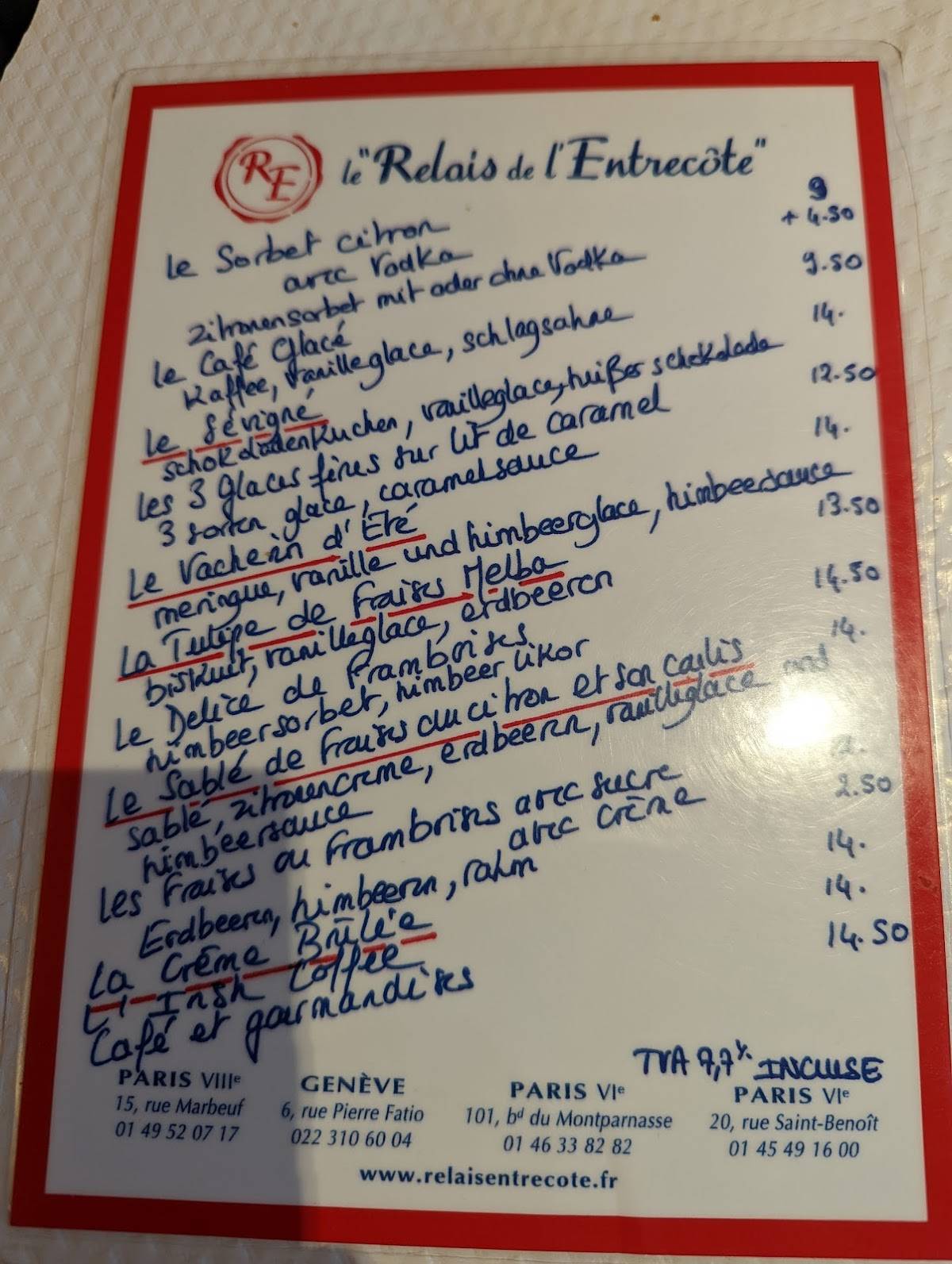 Speisekarte von Le Relais de l'Entrecote Zürich, Zürich