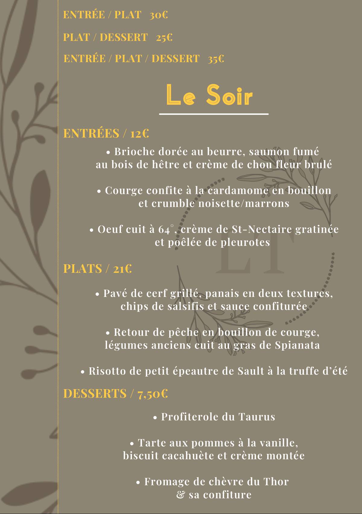 Menu au Le Taurus restaurant, Le Thor
