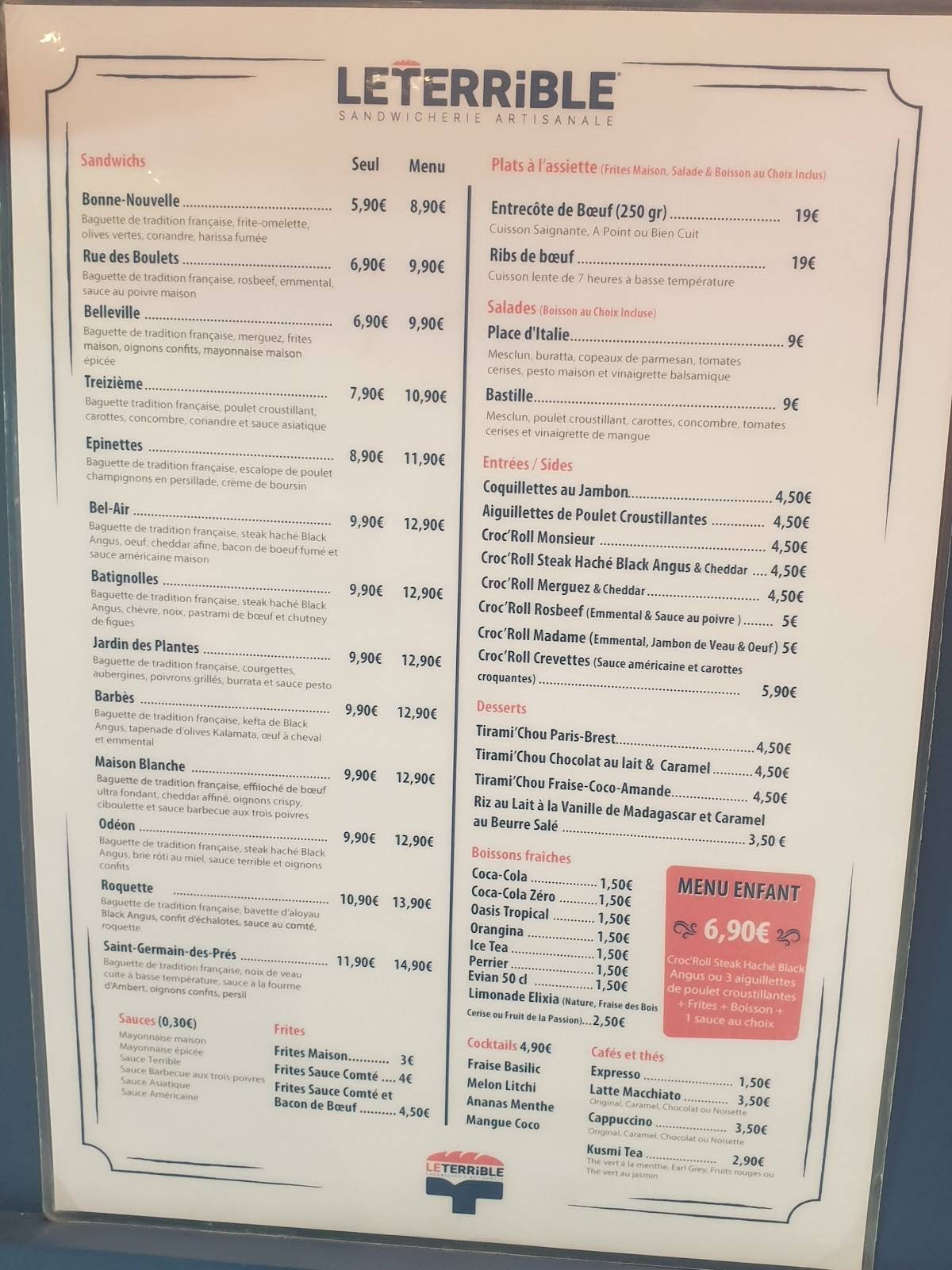 Menu au Le Terrible restaurant, Tremblay-en-France