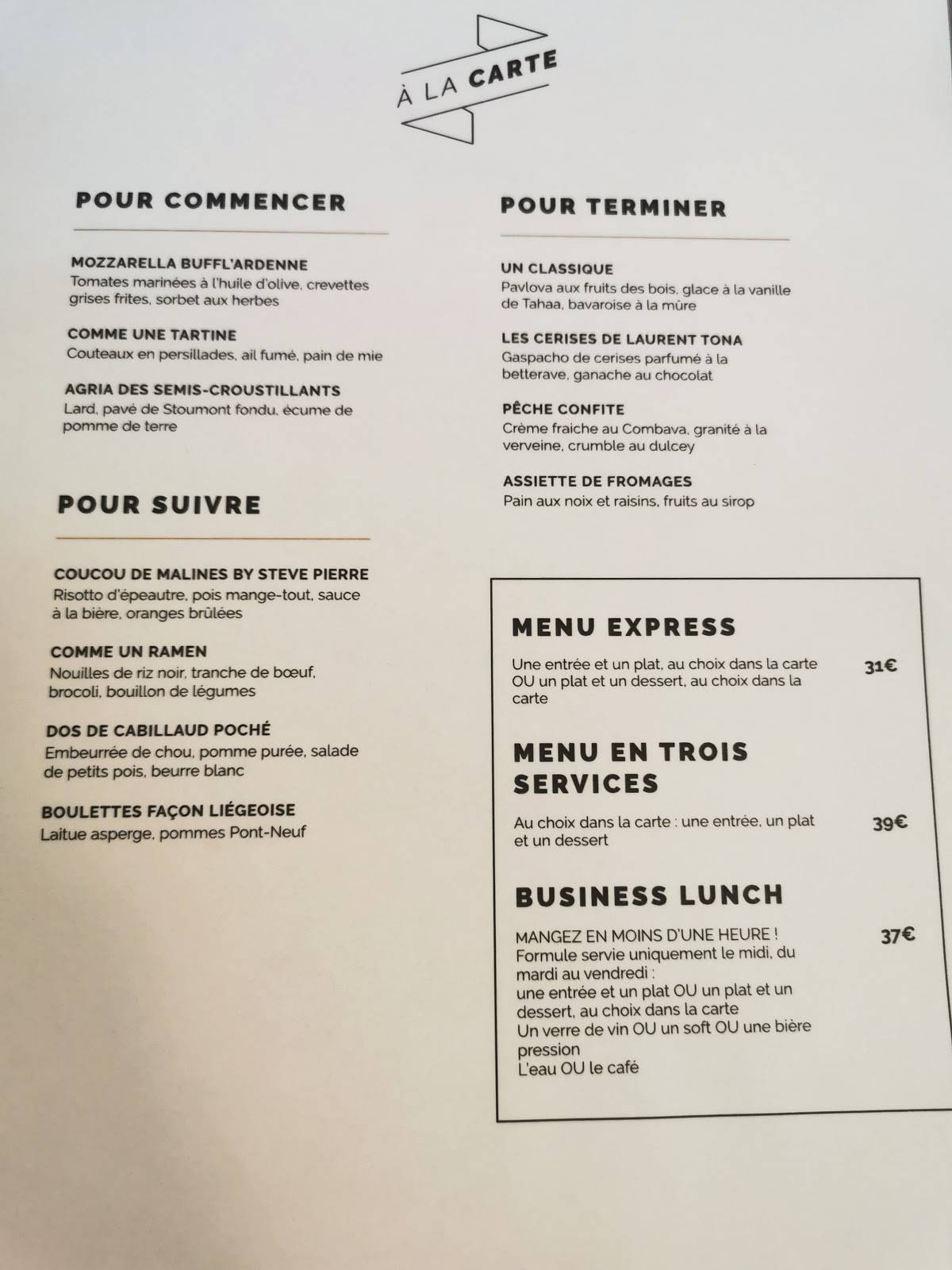 Menu au Le Victor, Arlon