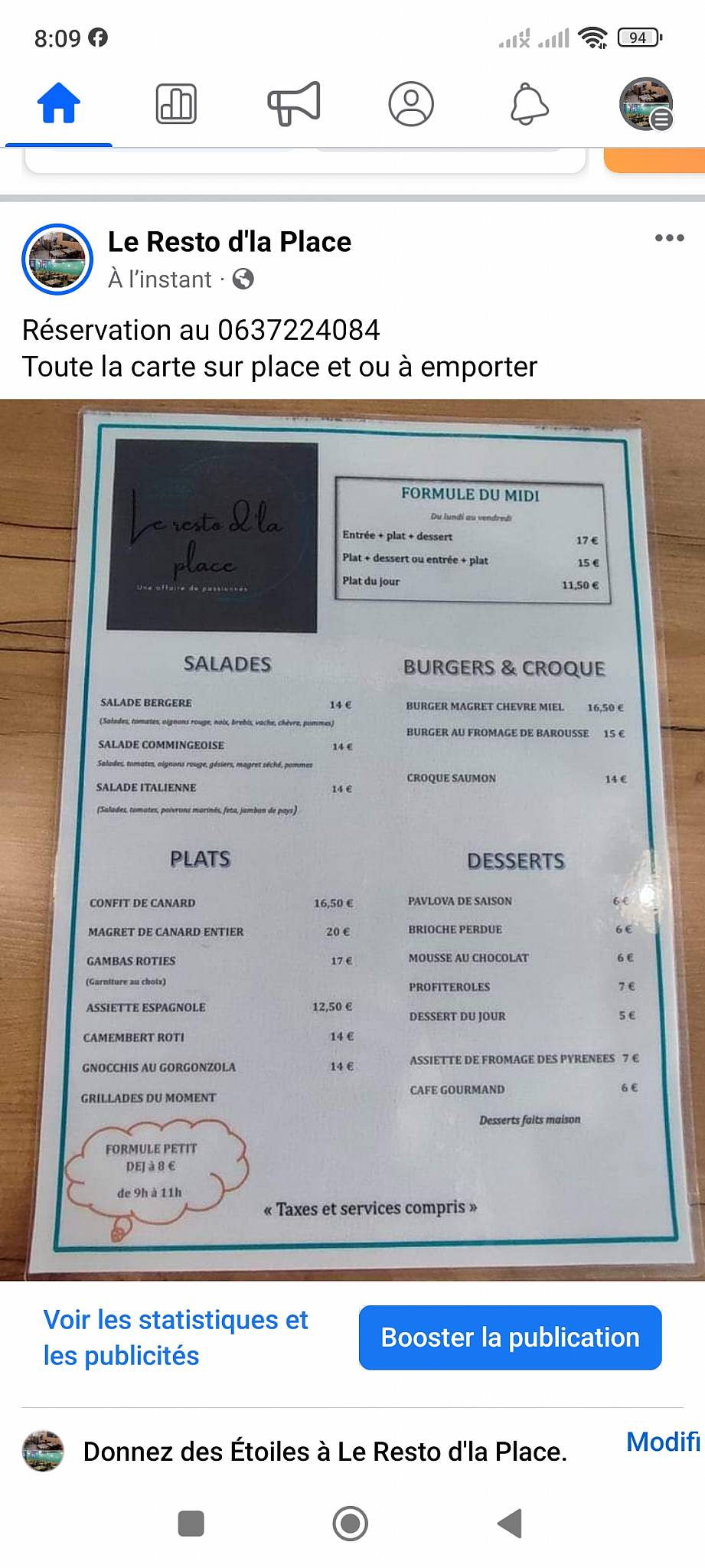 Menu au Le resto d'la place restaurant, Saint-Gaudens