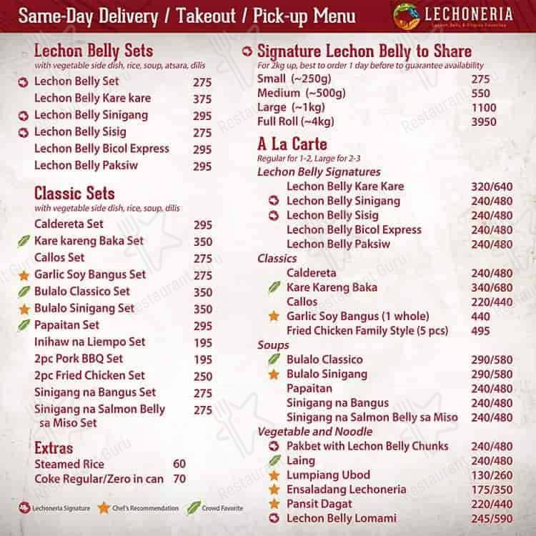 Menu at Lechoneria restaurant, Quezon City