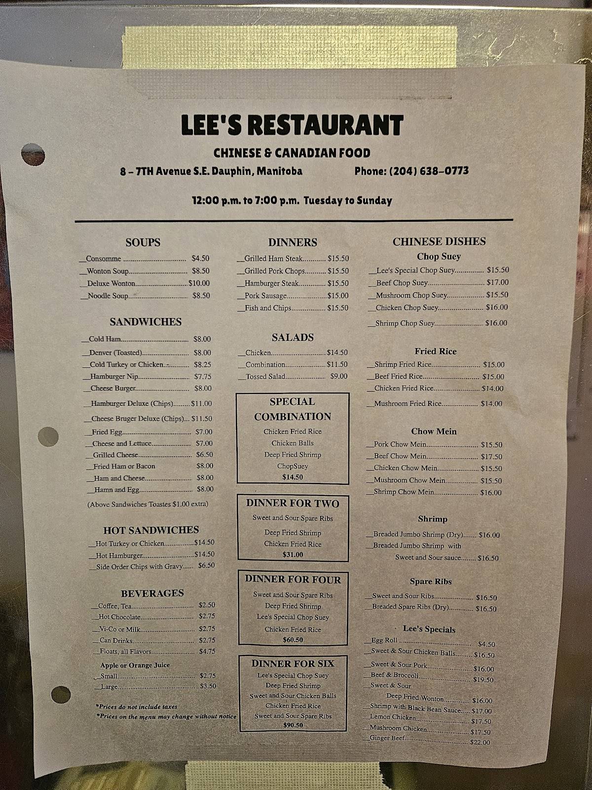 Menu at Lee's Restaurant, Dauphin