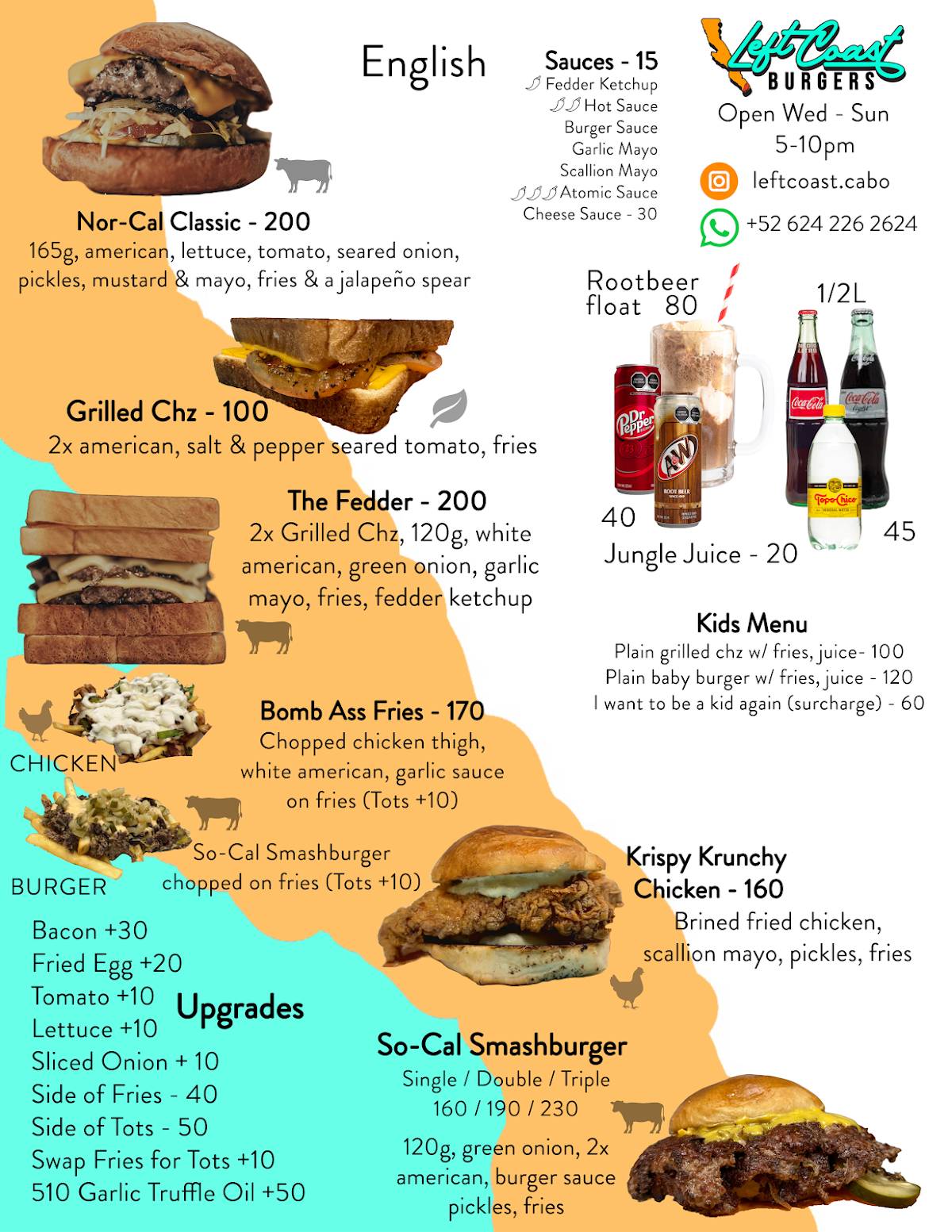 Menu at Left Coast Burgers restaurant, Cabo San Lucas