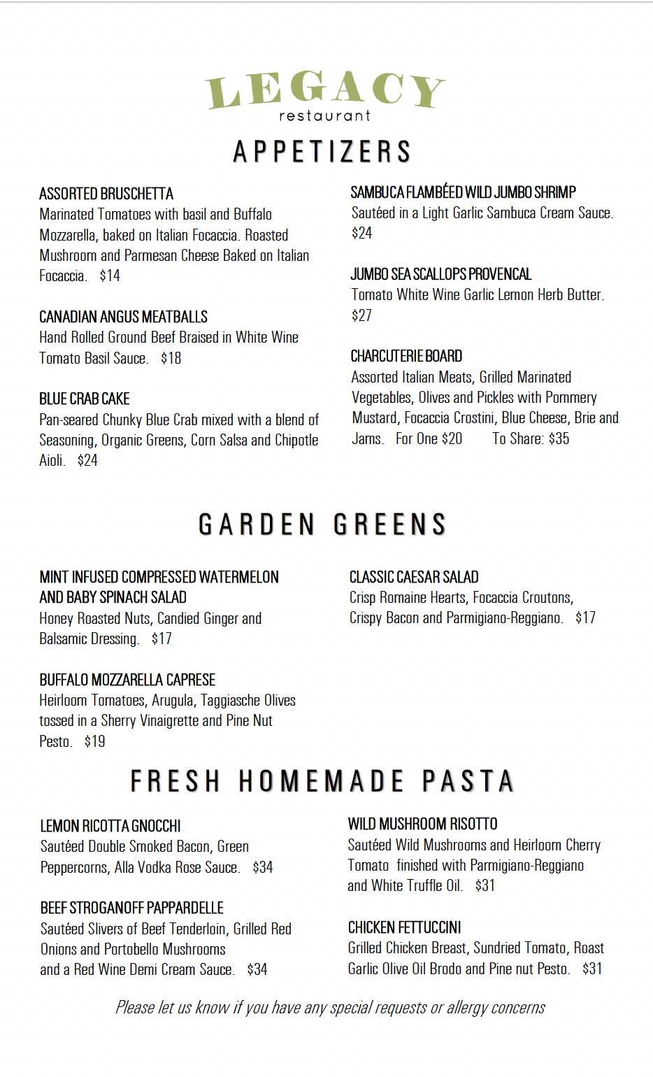 Menu at Legacy Restaurant, Sarnia