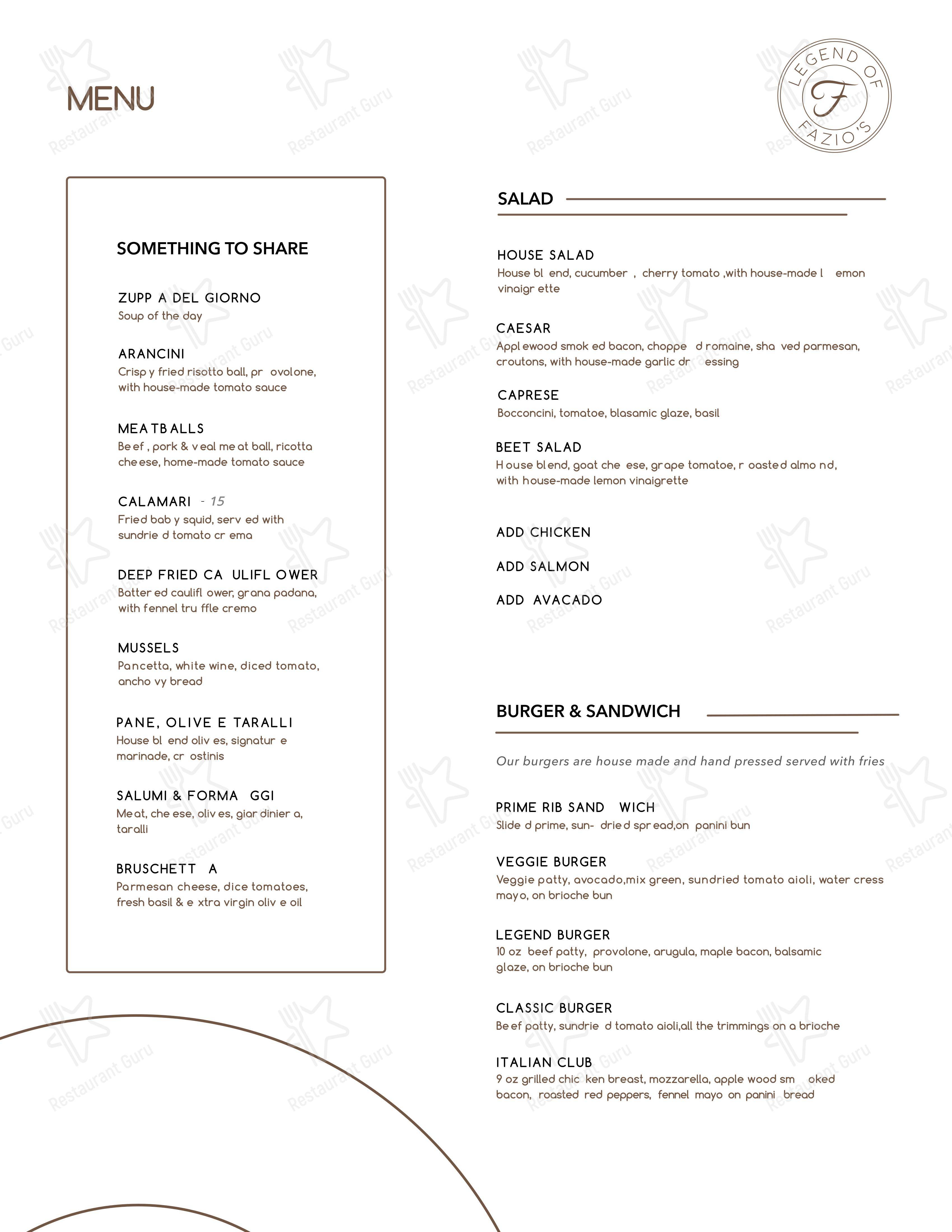 Menu at Legend Of Fazio's pub & bar, Oshawa