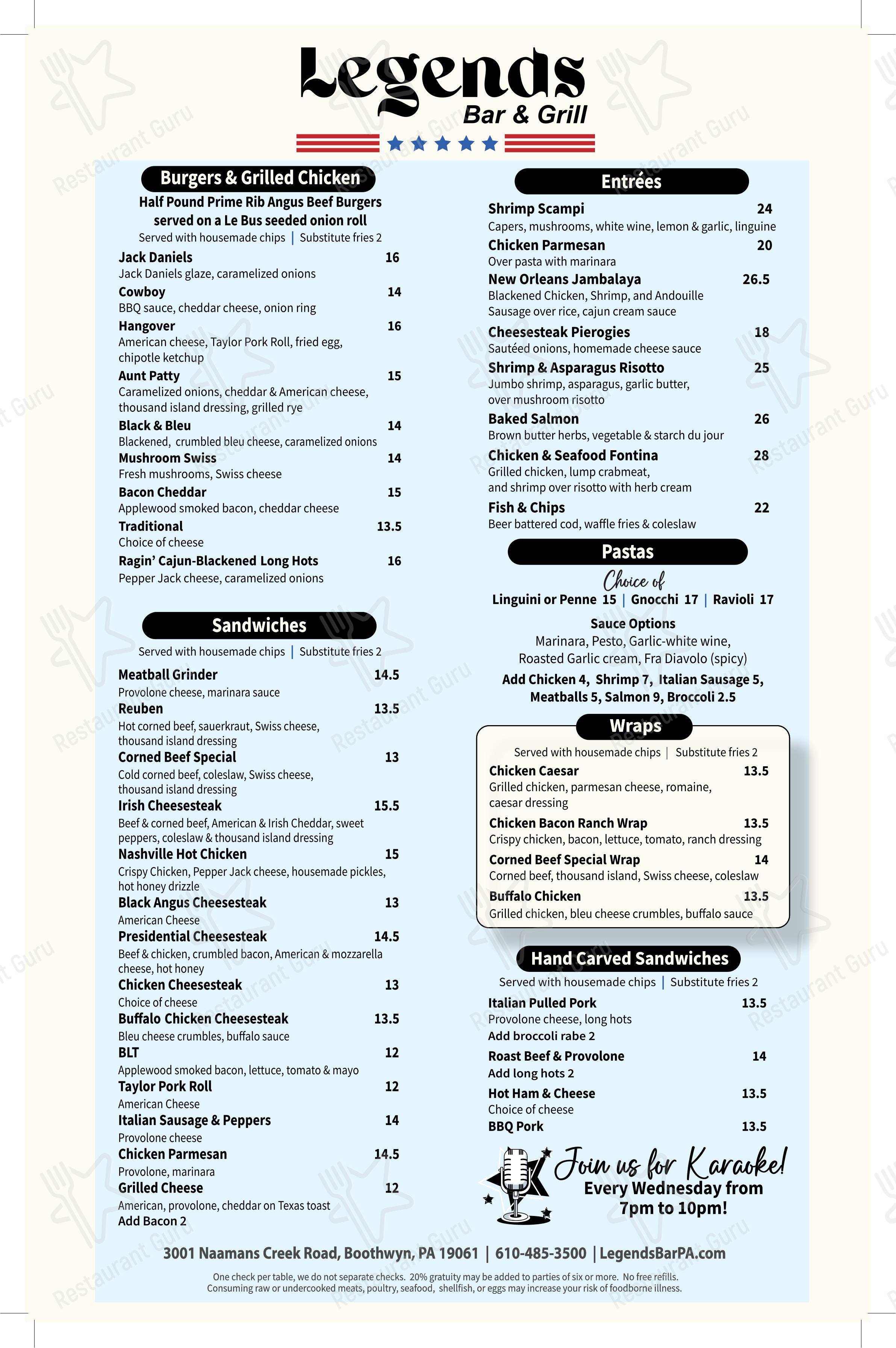 Menu at Legends Bar & Grill, Boothwyn