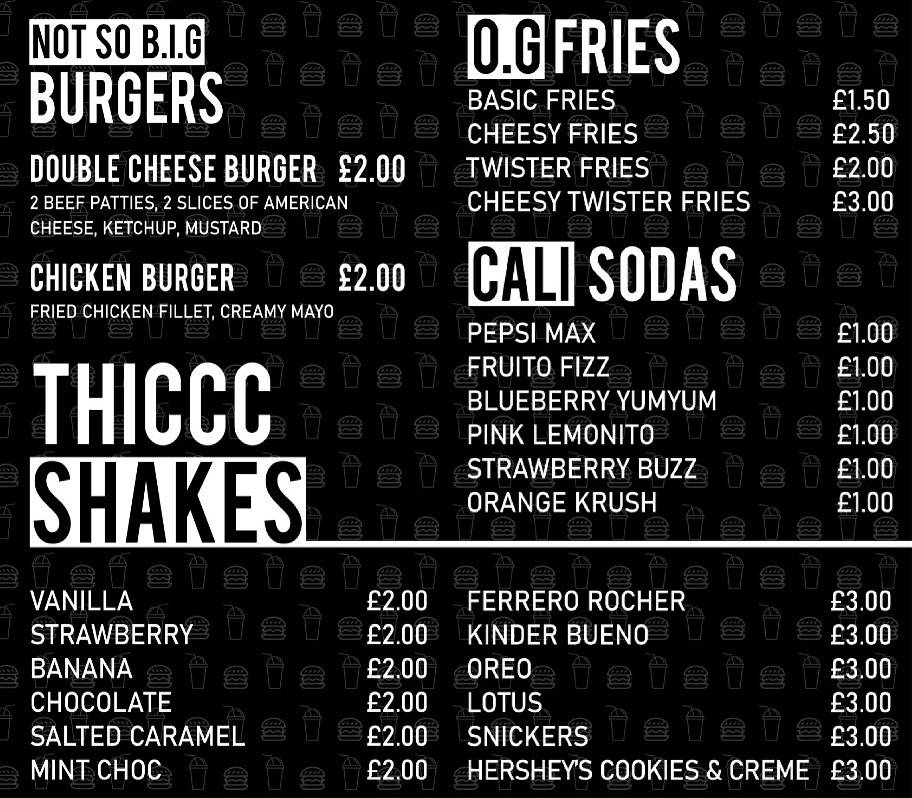 Menu at LA Burgers & Shakes restaurant, Leicester