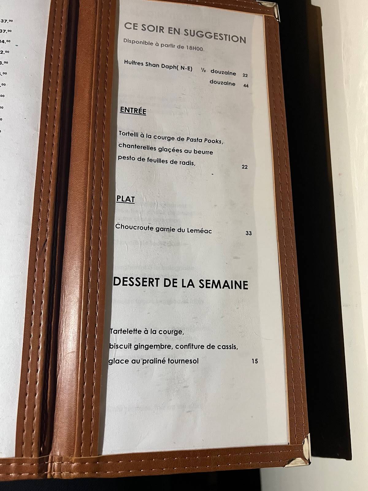 Menu au Leméac restaurant, Montréal, Av. Laurier O