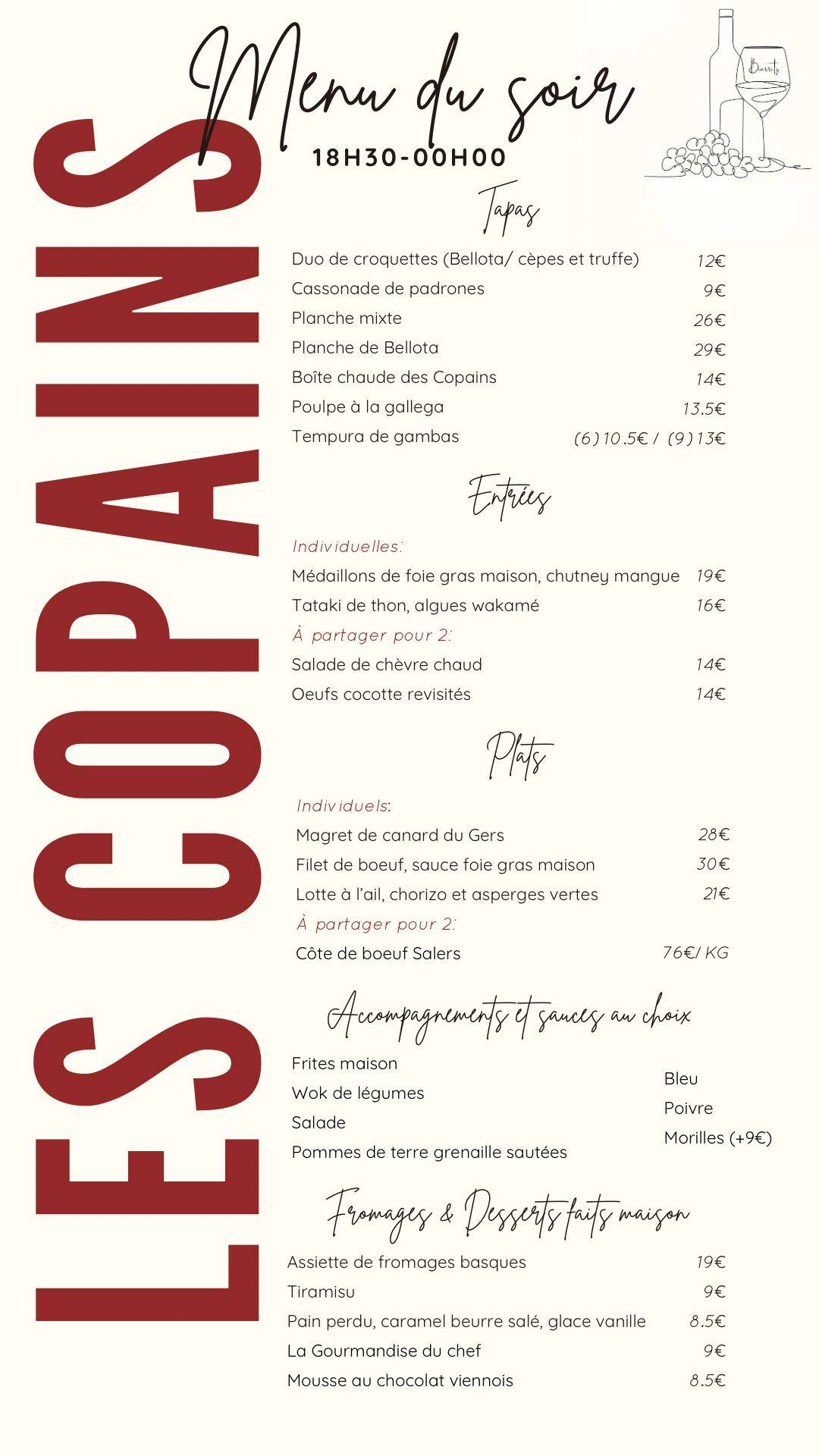 Menu at Les Copains restaurant, Biarritz