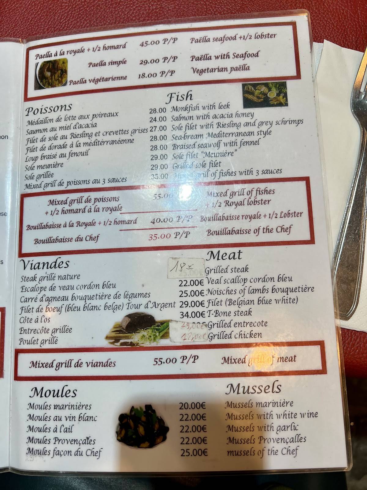Menu au Les Mémoires de Grétry, Bruxelles, Rue Grétry 57B