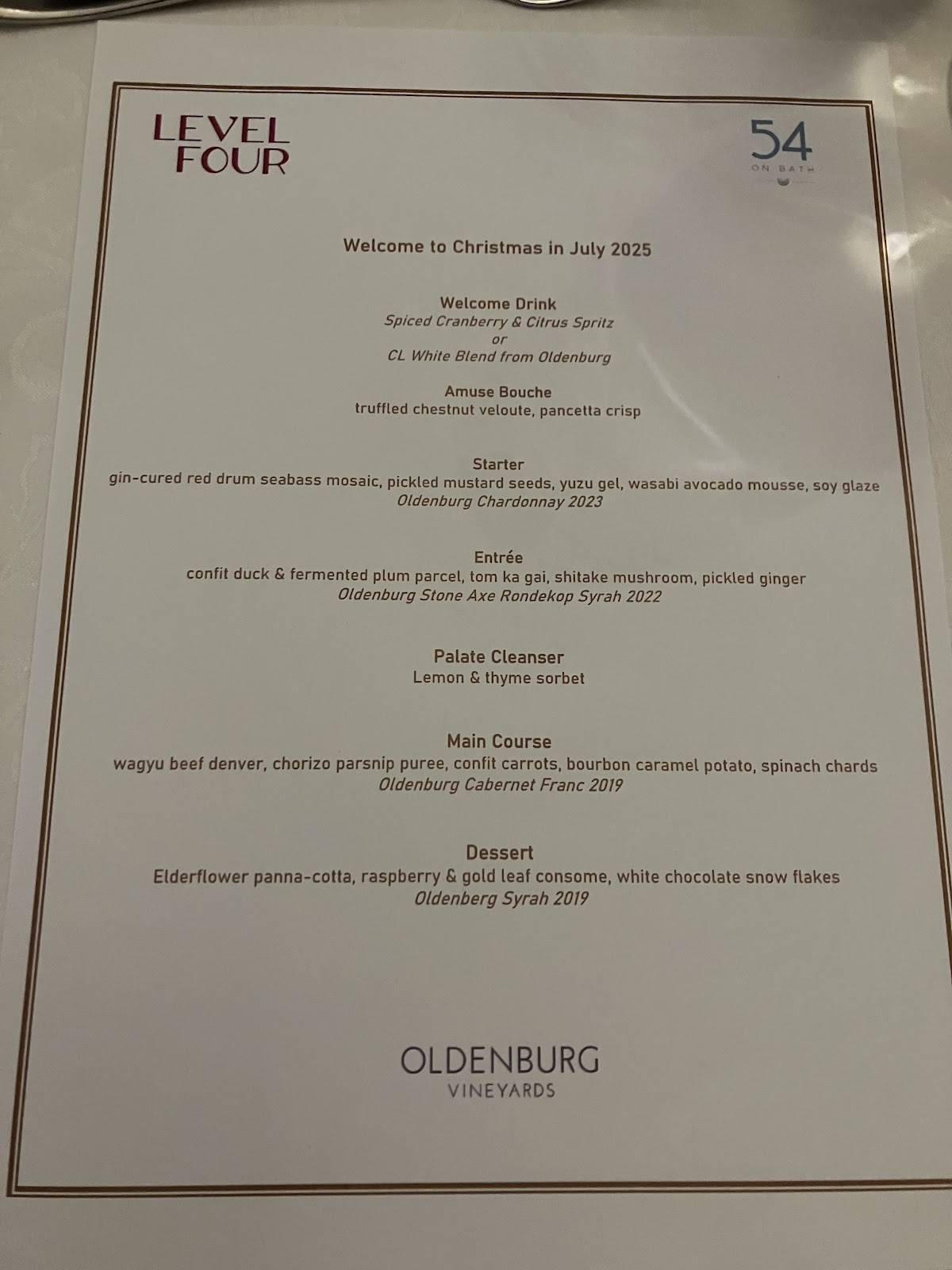 Menu at Level Four Restaurant, Johannesburg