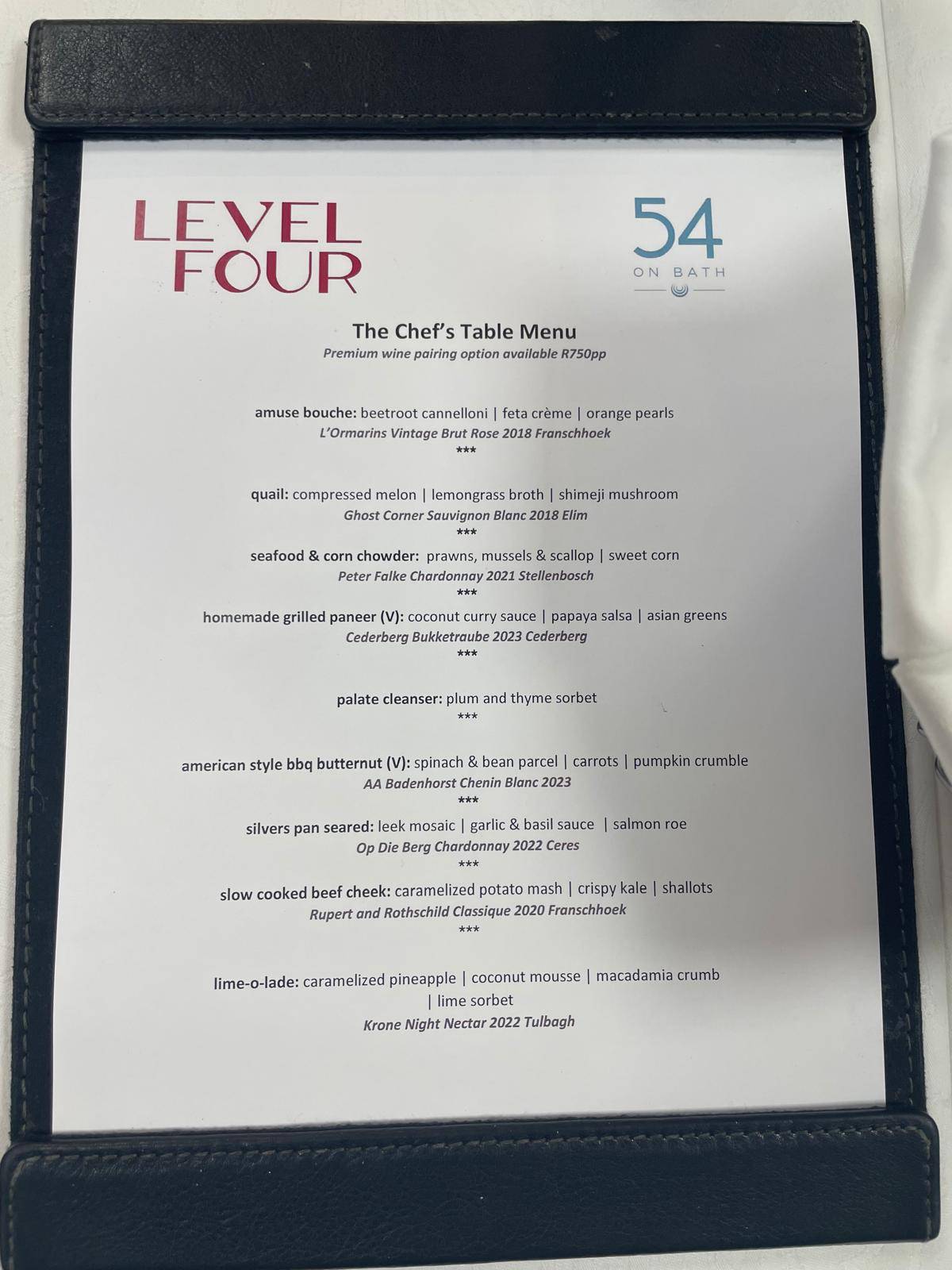 Menu at Level Four Restaurant, Johannesburg