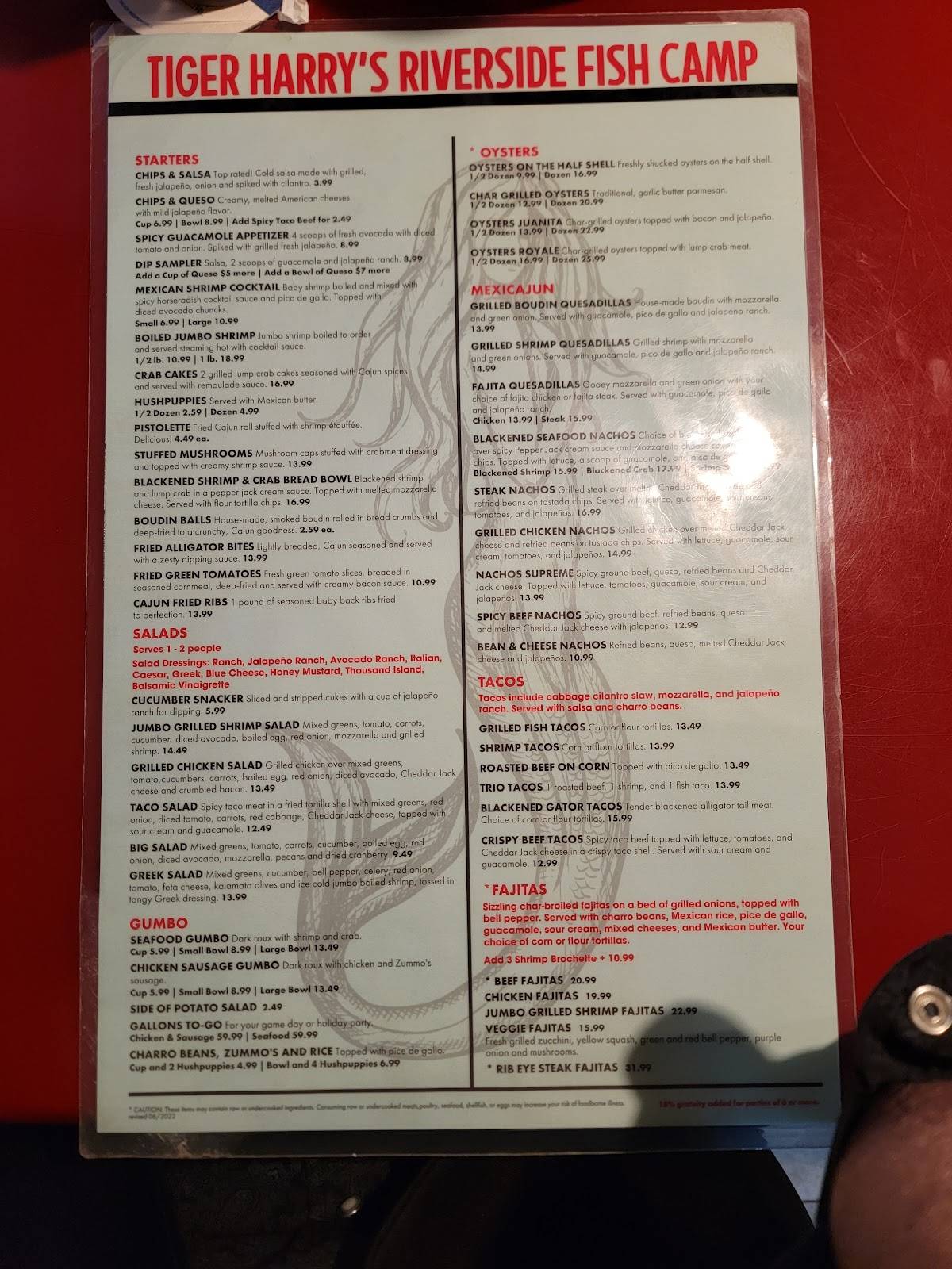 Menu at Tia Juanita's Riverside Fish Camp pub & bar, Liberty, 439 US-90