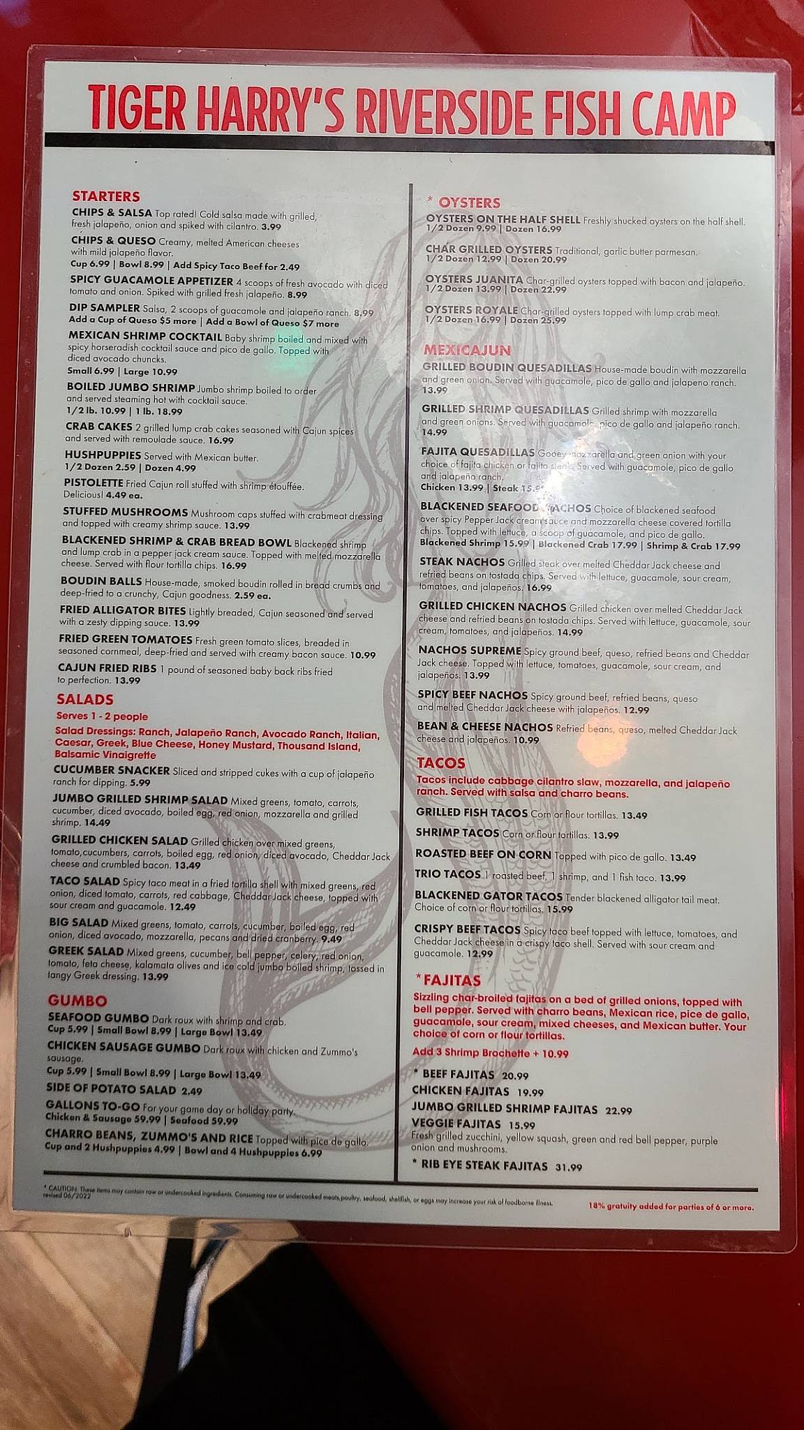 Menu at Tia Juanita's Riverside Fish Camp pub & bar, Liberty, 439 US-90