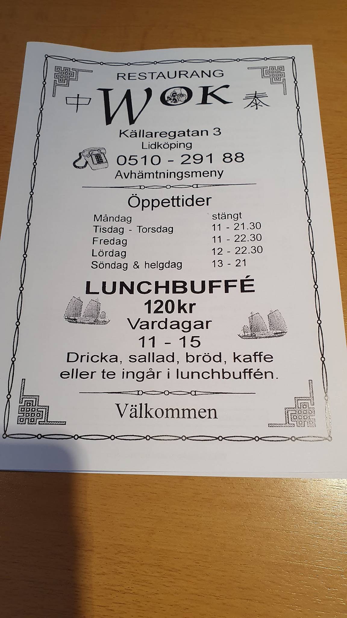 Menu at Lidköpings Wok House restaurant, Lidköping