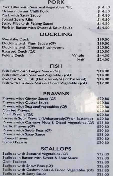 Menu at Oriental Paradise Chinese Restaurant, Lilydale