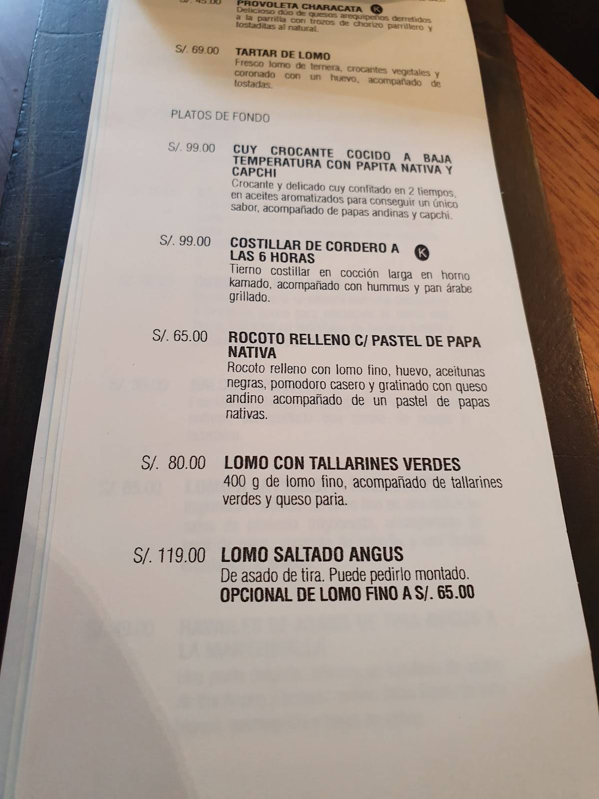 Carta del restaurante Baco y Vaca | San Isidro, Lima