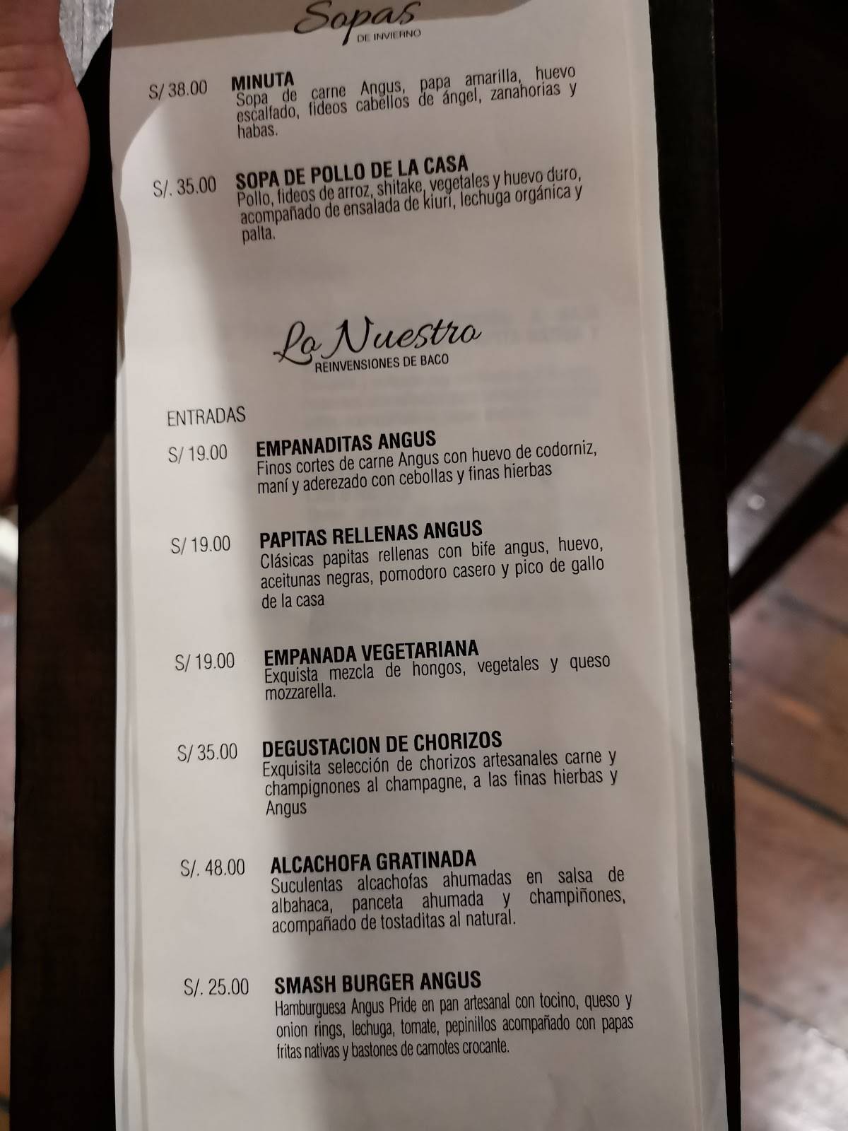 Carta del restaurante Baco y Vaca | San Isidro, Lima