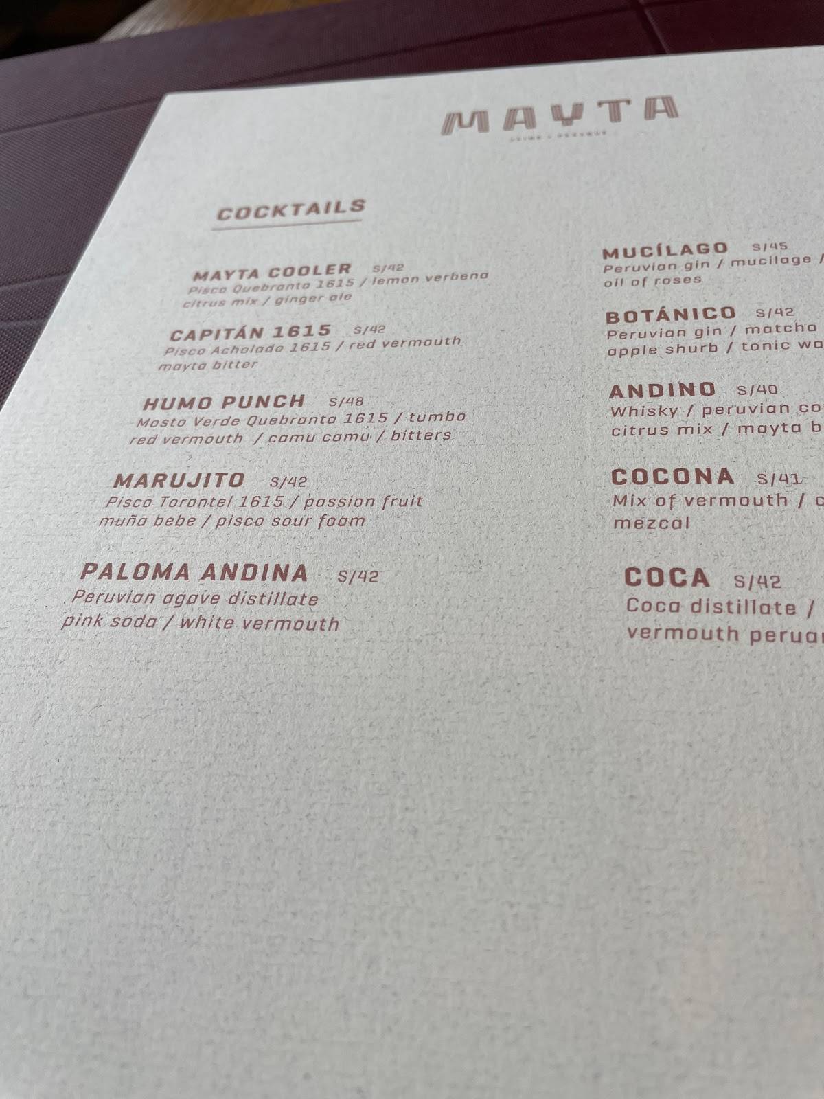 Carta del restaurante MAYTA by Jaime Pesaque, Lima, Avenida 28 del ...