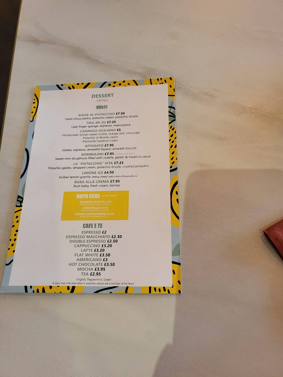 Menu at Limone restaurant, Hoddesdon