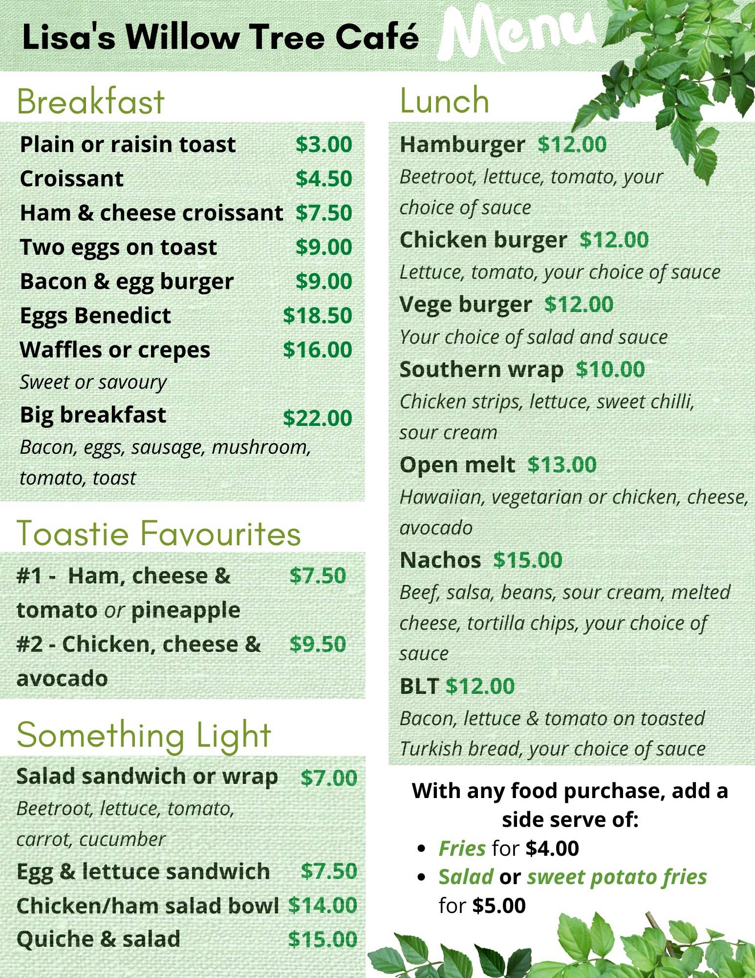 Menu at Lisa's Willow Tree Cafe, Caboolture South