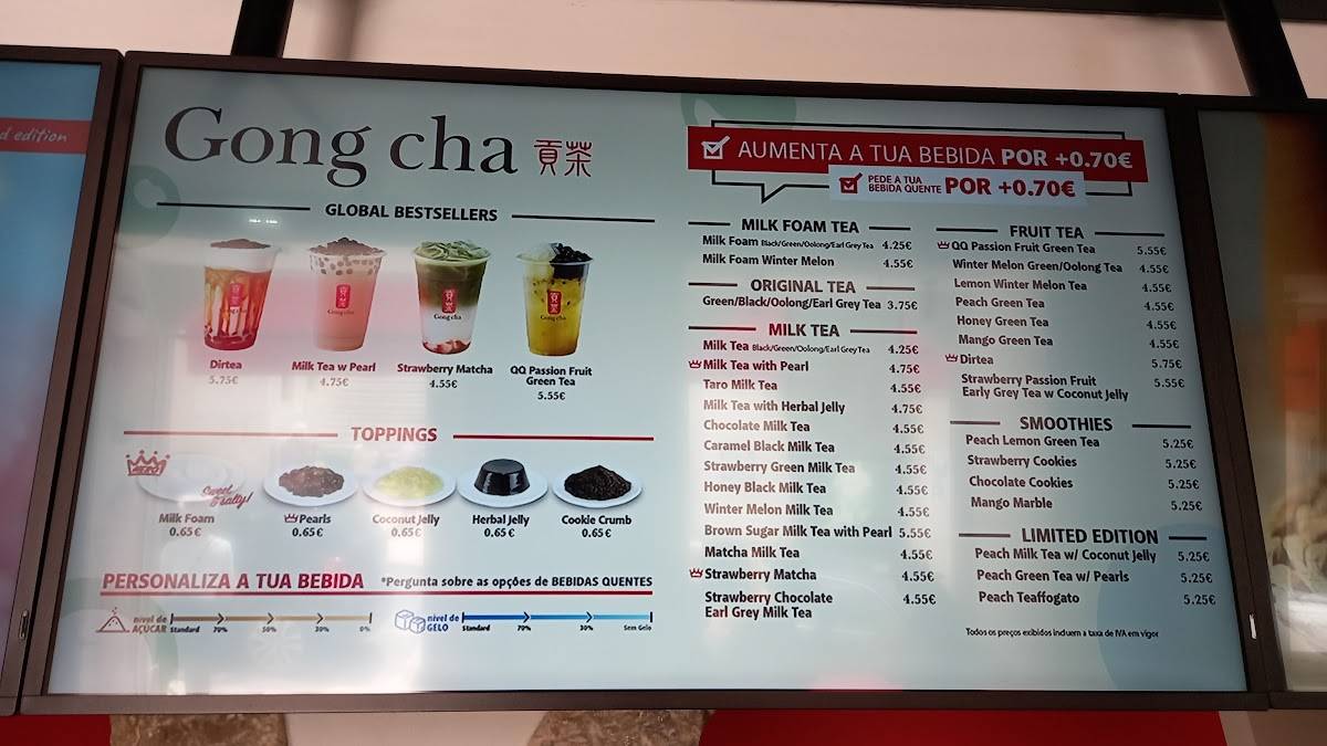 Menu at Gong cha restaurant, Lisbon