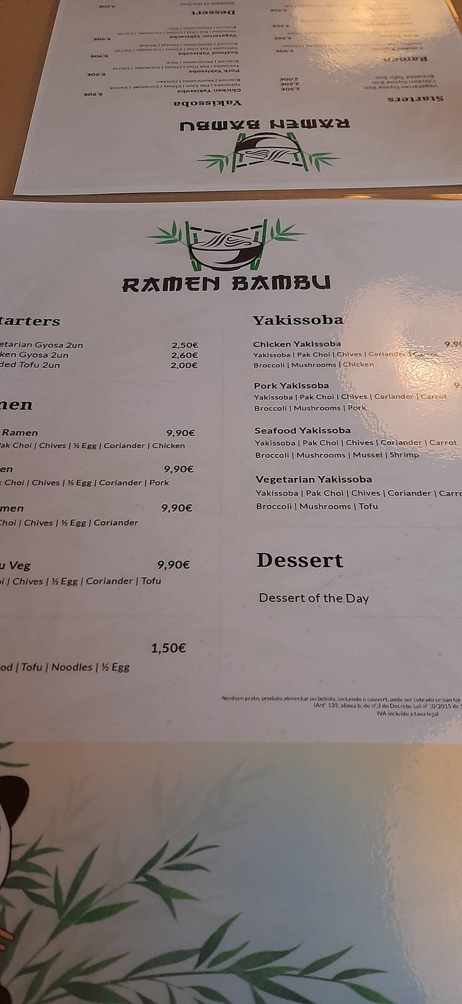 Menu at Ramen Bambu Lisboa restaurant, Lisbon