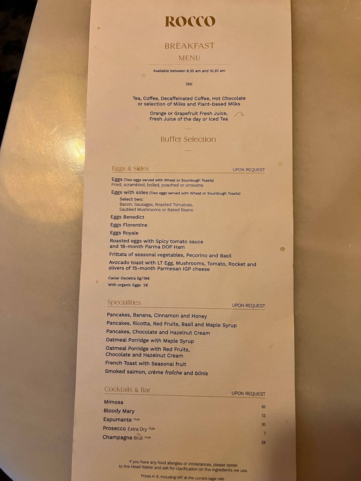 Menu at Rocco restaurant, Lisbon