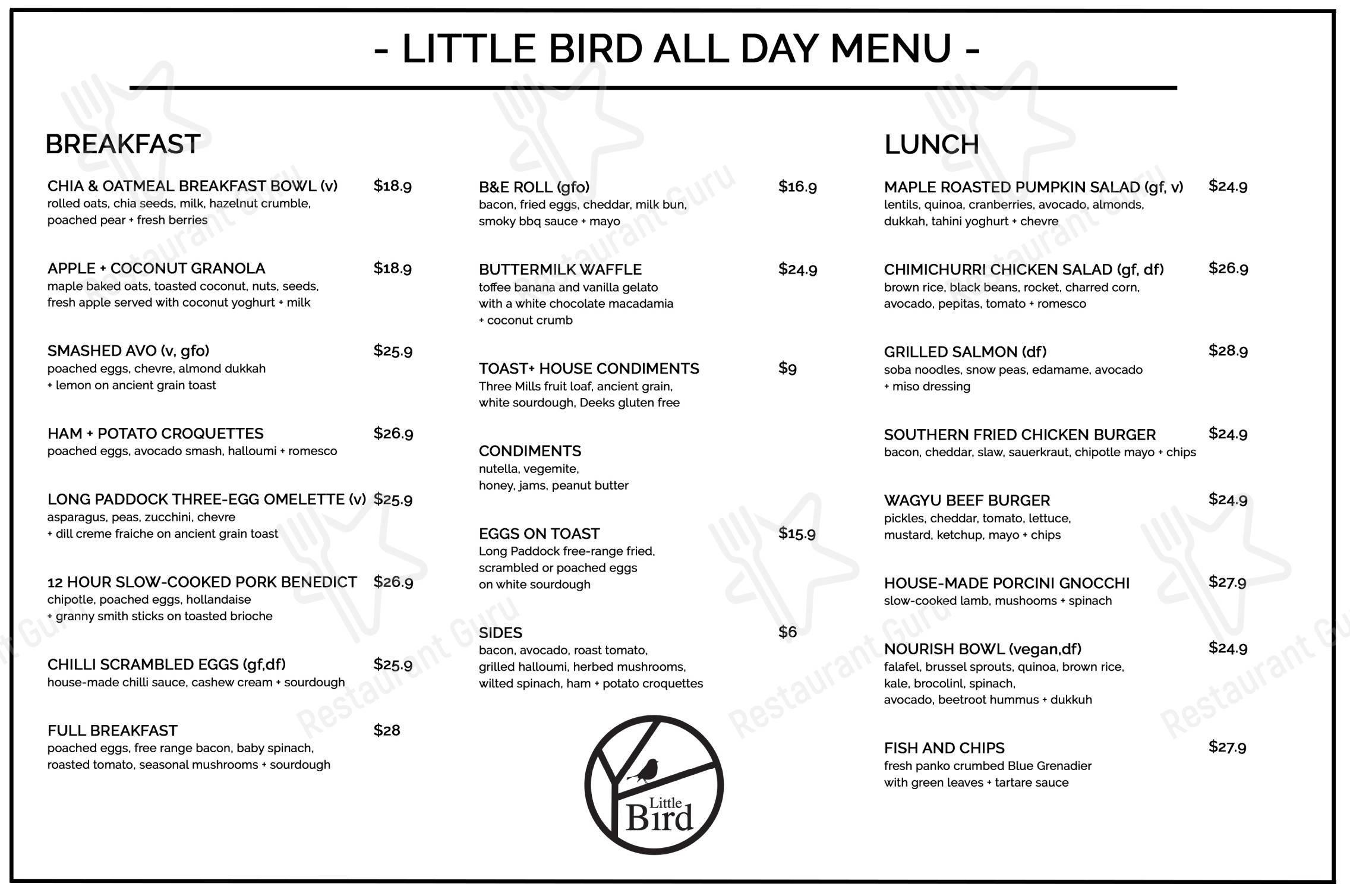 Carta del café Little Bird, Barton