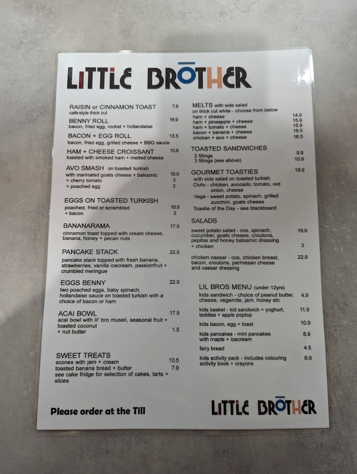 Menu at Little Brother Espresso cafe, East Maitland