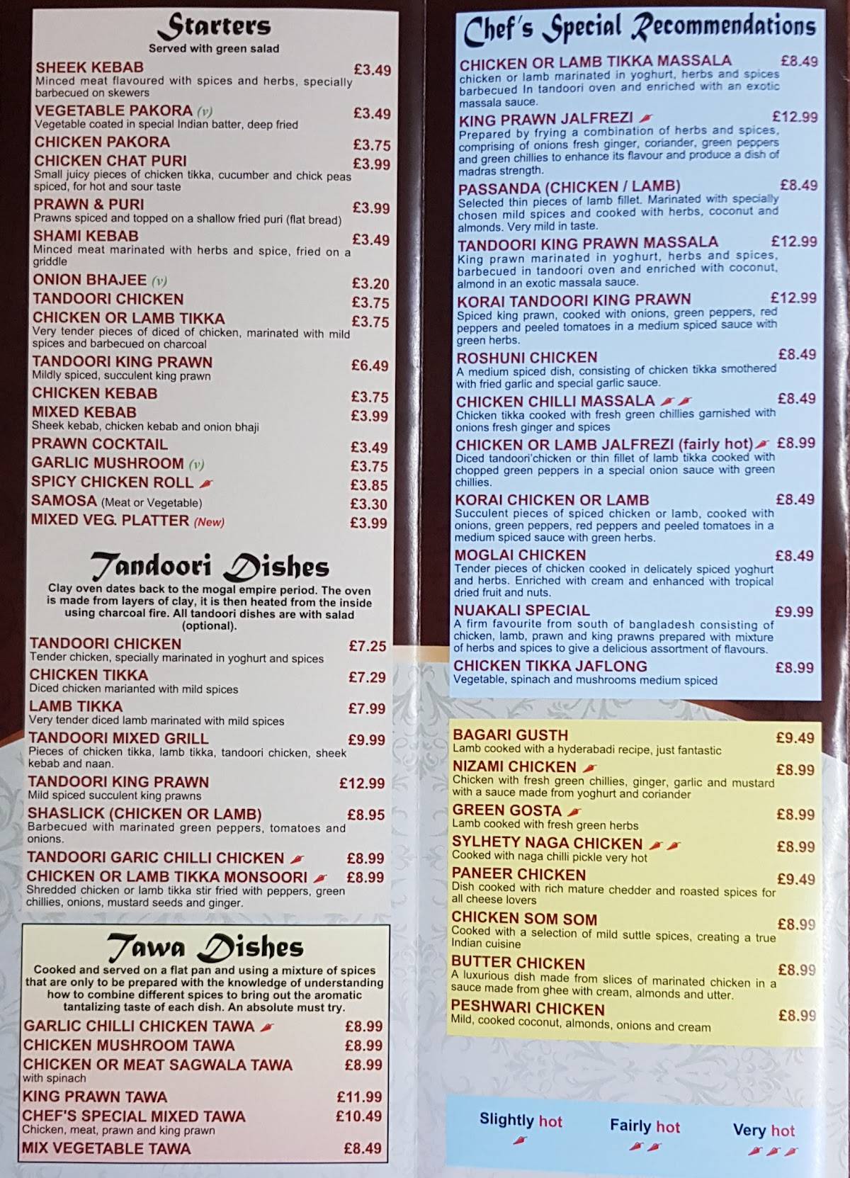 Menu at Little India restaurant, Penzance