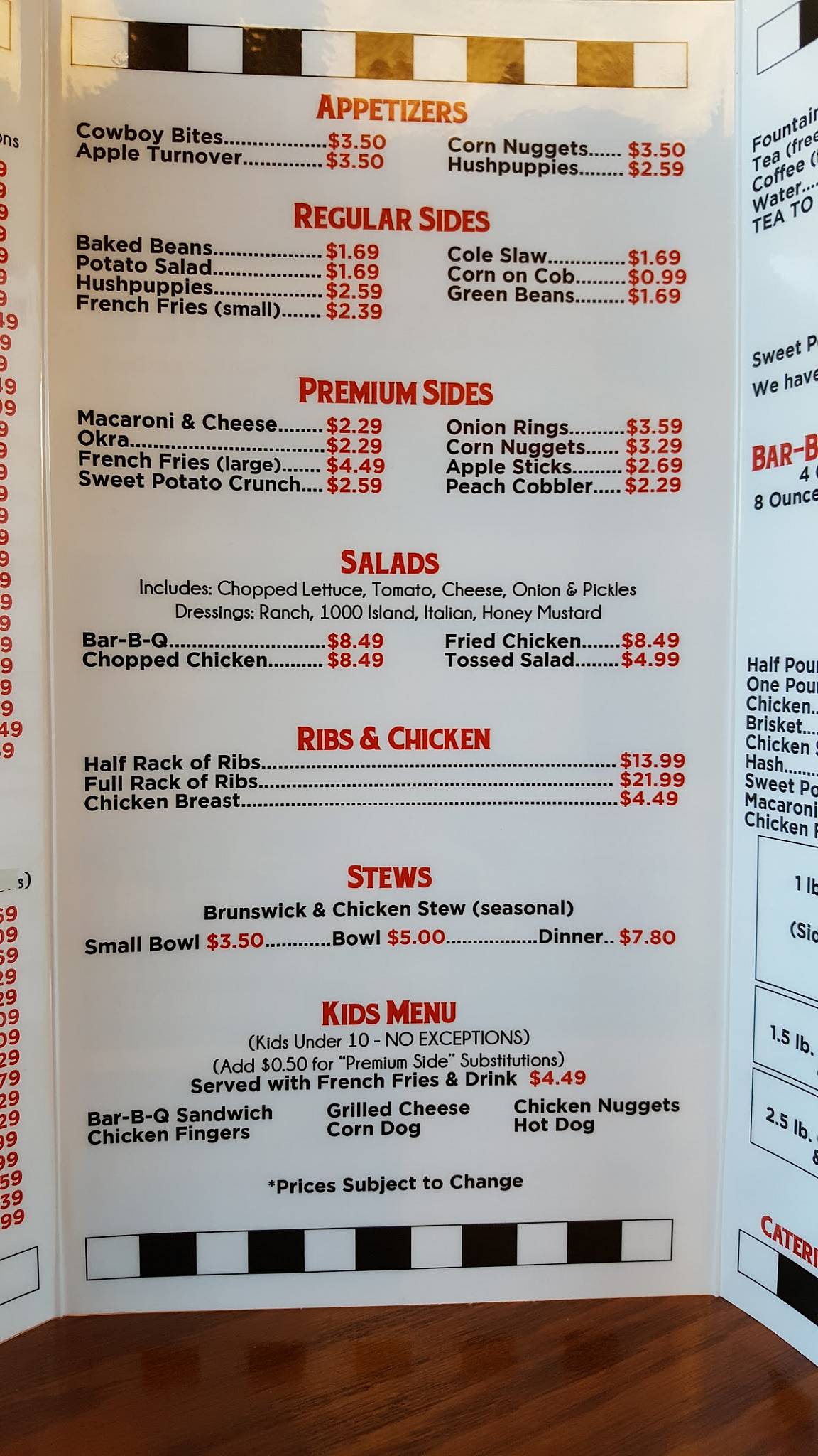 Menu at Little Pigs BBQ, Spartanburg