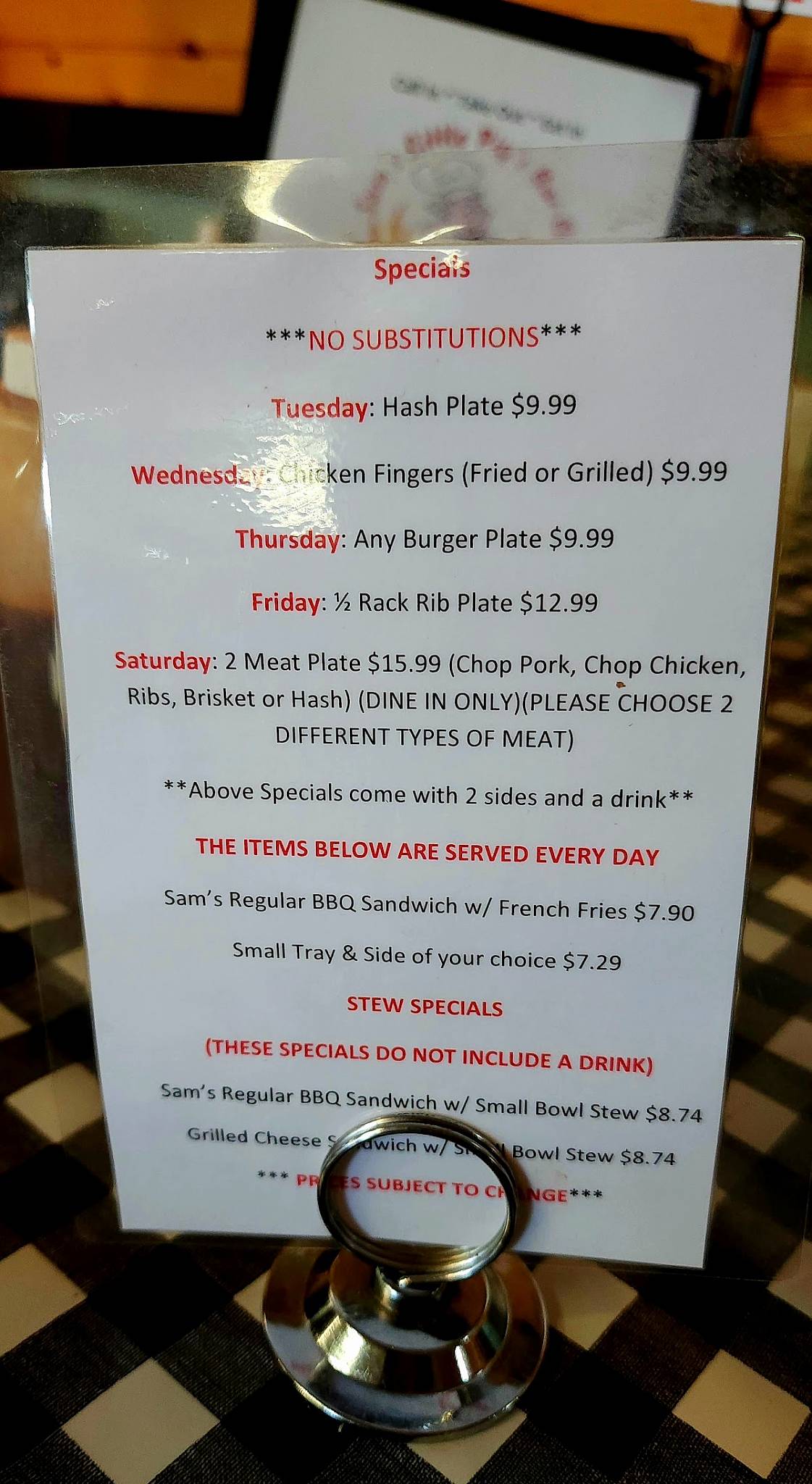 Menu at Little Pigs BBQ, Spartanburg