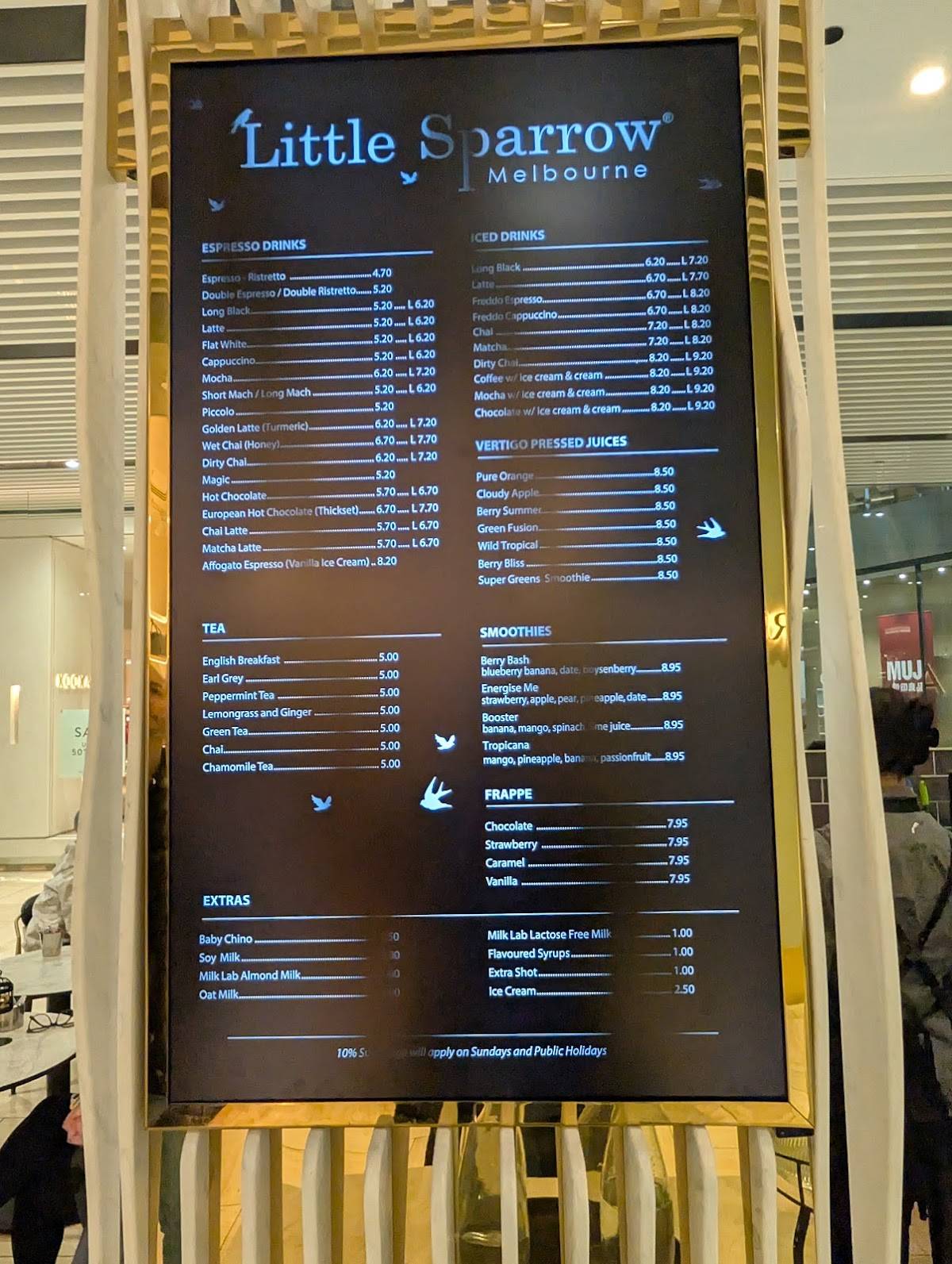 Menu at Little Sparrow Melbourne - Kiosk cafe, Melbourne, 287 Lonsdale St