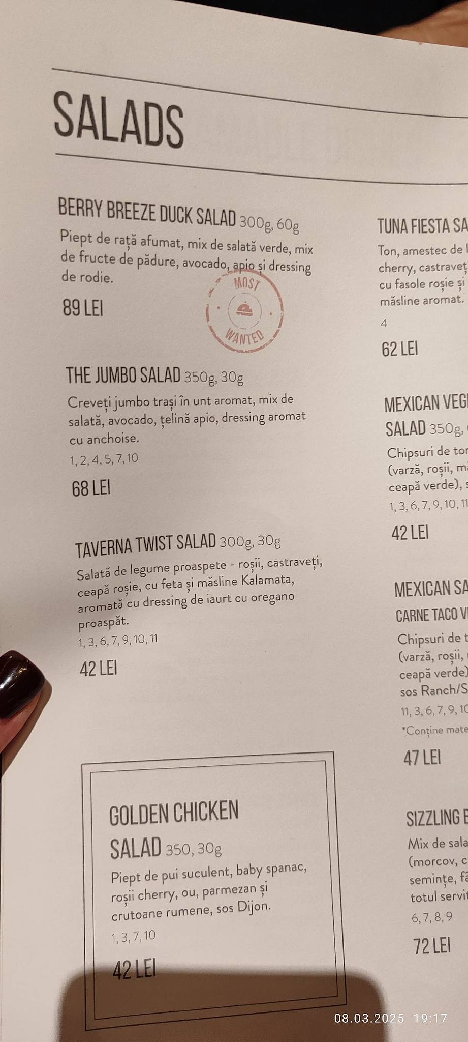 Menu at Little Texas, Iași