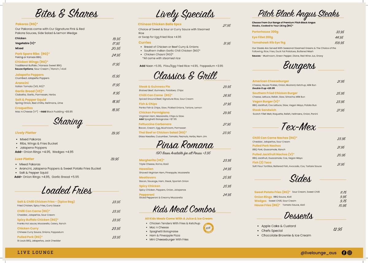 Menu at Live Lounge pub & bar, Wanneroo