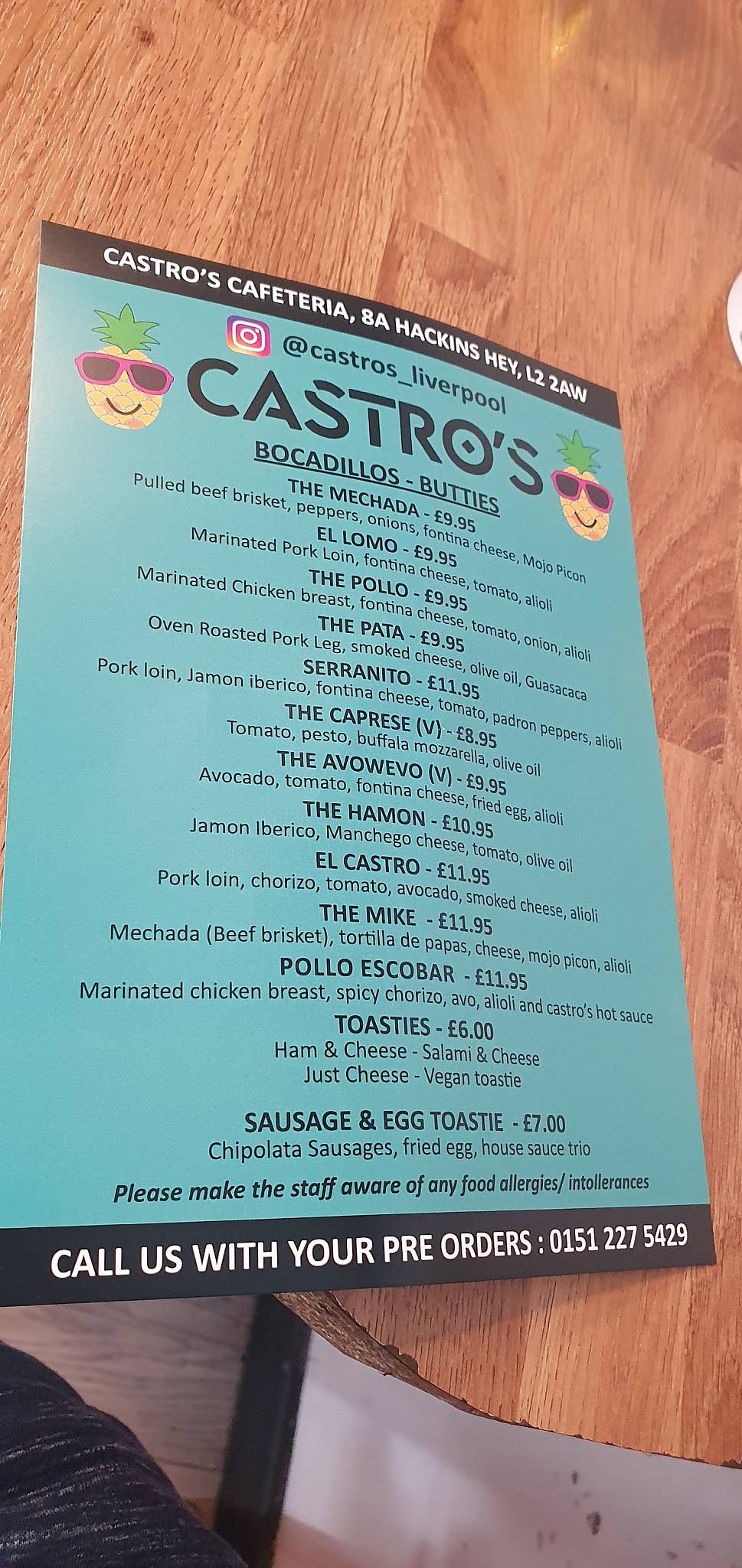 Menu at Castro's Cafeteria Liverpool, Liverpool