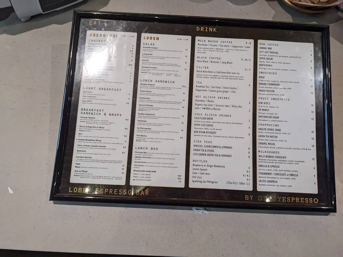 Menu at Lobby Espresso Bar by Gypsy, Parramatta
