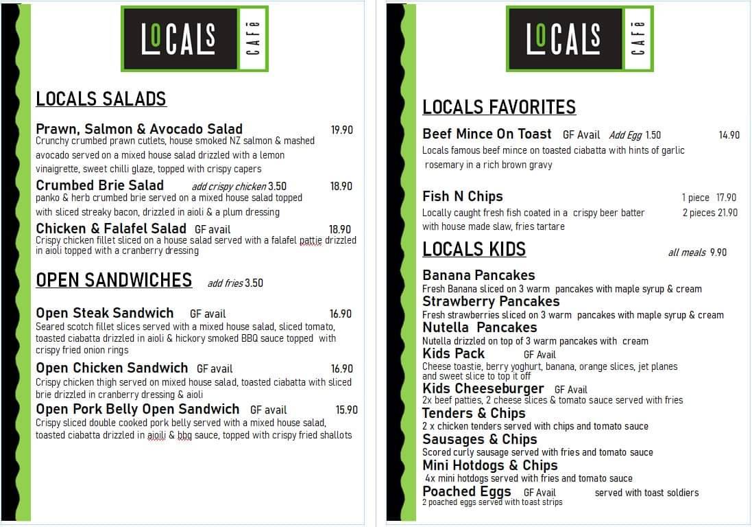 Menu at Locals Cafe, New Plymouth