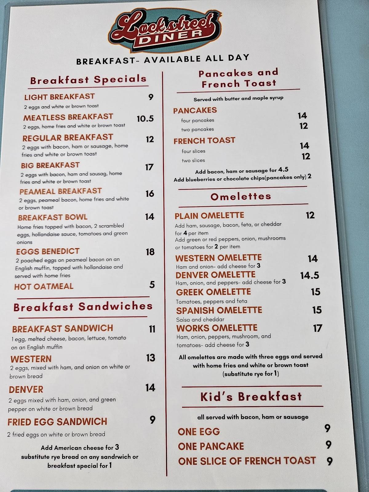 Menu at Lock Street Diner restaurant, Peterborough