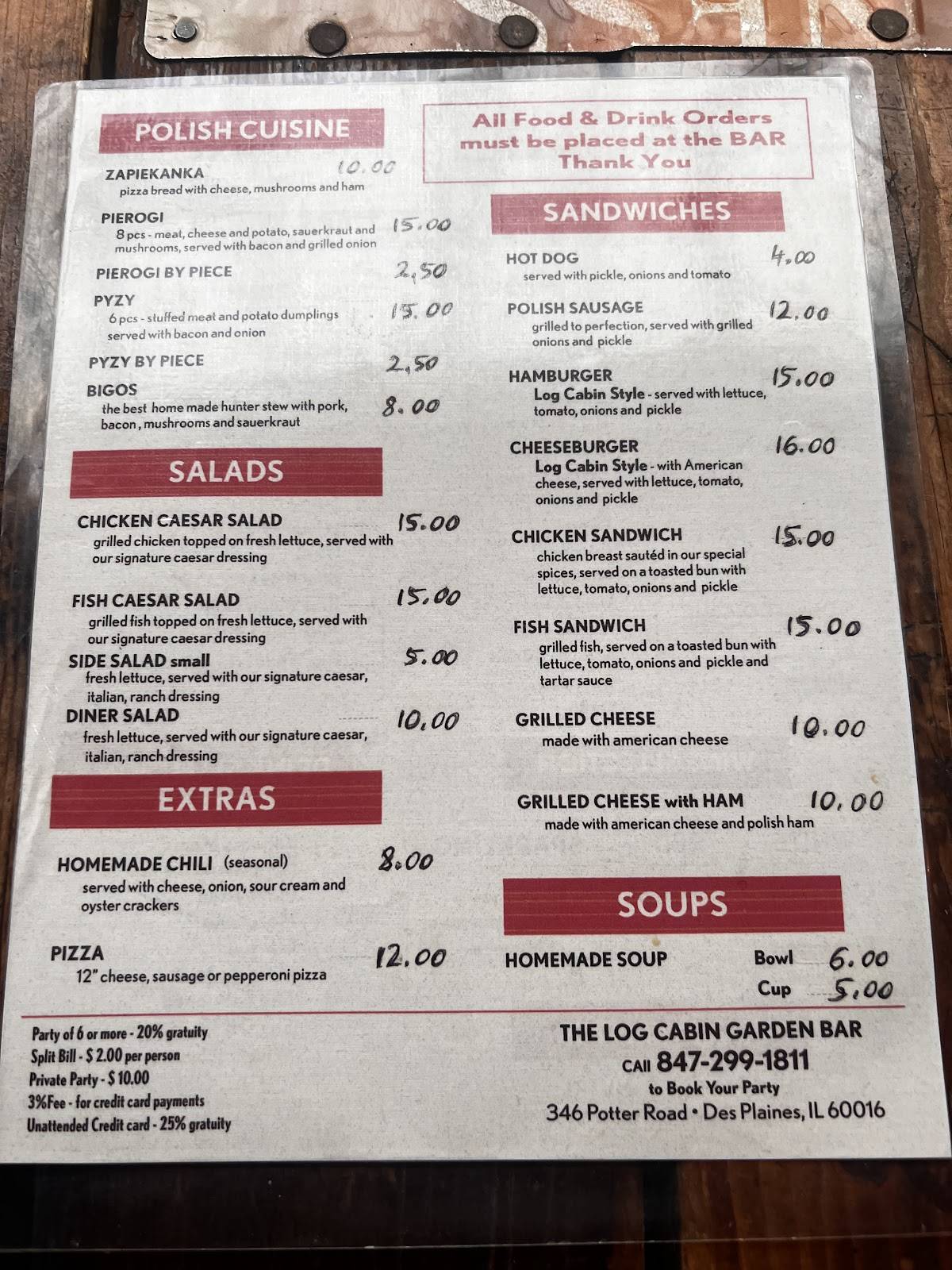 Menu at Log Cabin Bar, Des Plaines