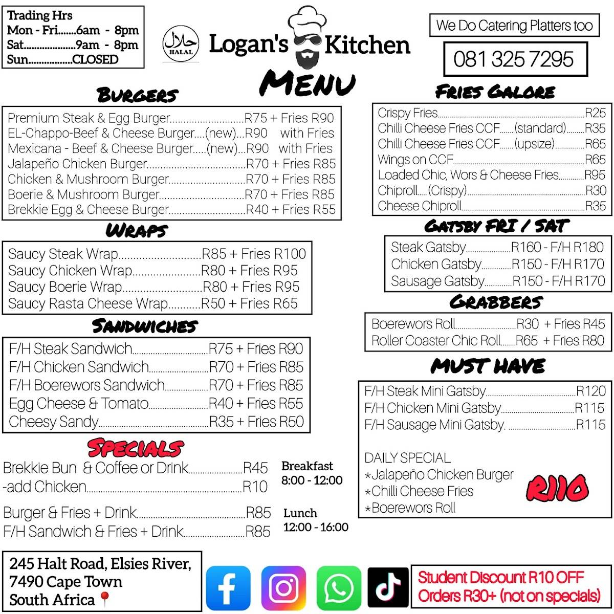 Menu at Logan's Kitchen restaurant, Cape Town