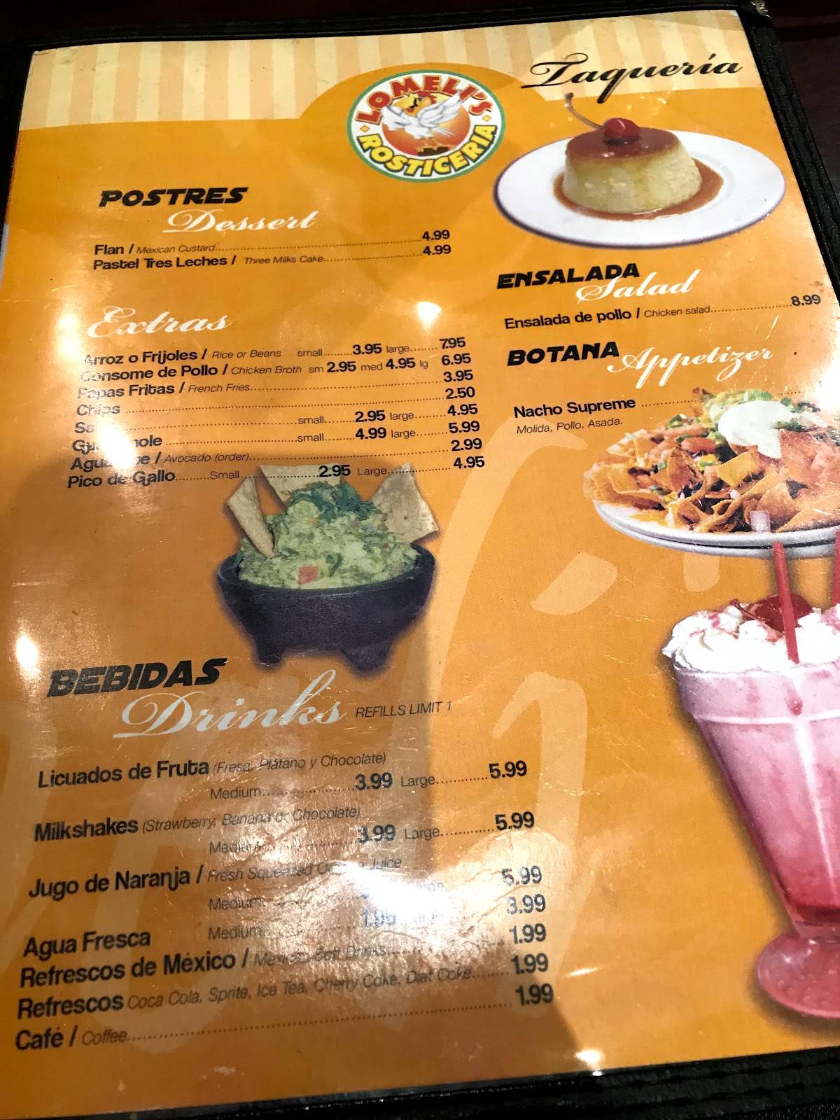 Menu at Lomeli's Rosticeria restaurant, Round Lake Beach, N Cedar Lake Rd